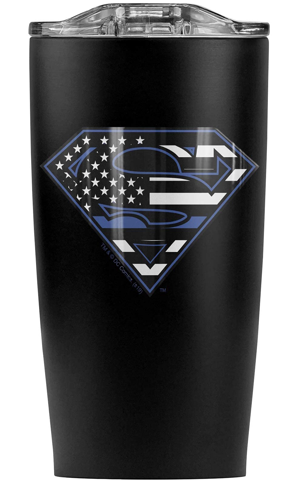 Superman Thin Blue Line Flag Shield Logo Stainless Steel Tumbler 20 oz Coffee Travel Mug/Cup, Vacuum Insulated & Double Wall with Leakproof Sliding Lid | Great for Hot Drinks and Cold Beverages