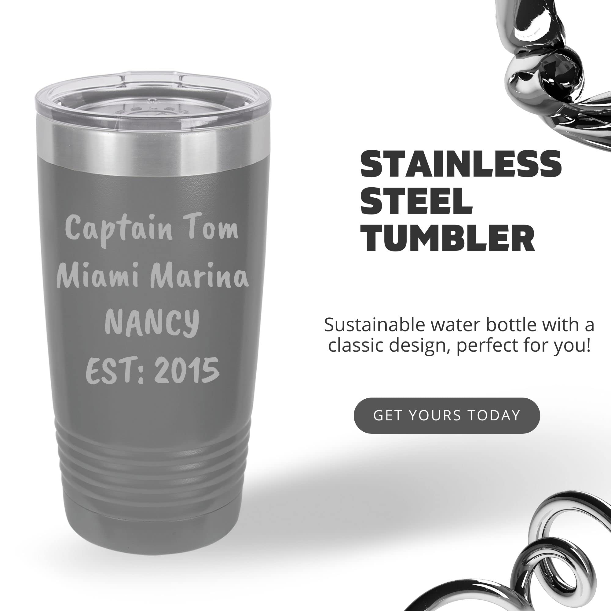 OEZZO Customized Tumblers, Double Wall Personalized Bottles with Splash and Leak Proof Upgraded Slider Lid, Laser Engraved Text on One or Two Sides (20oz, Gray)