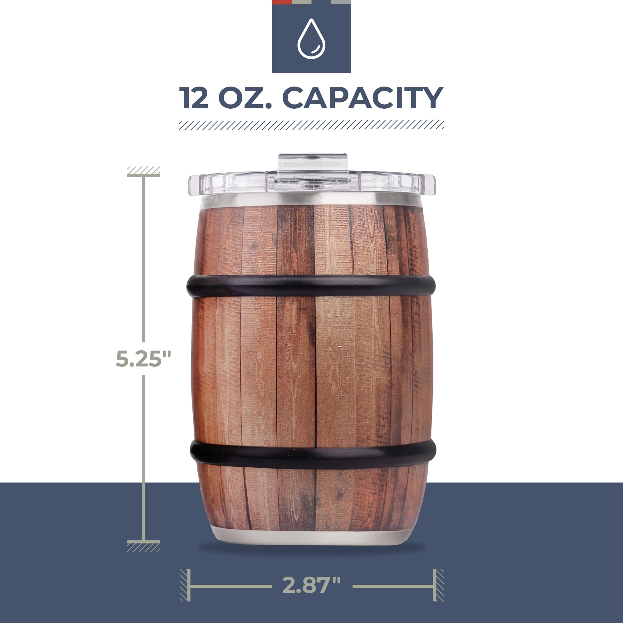 ORCA Barrel 12oz | Temperature Insulated, Stainless Steel Tumbler with a Classy Wood Grain Print, for Whiskey, Beer, or Coffee — Dark Oak