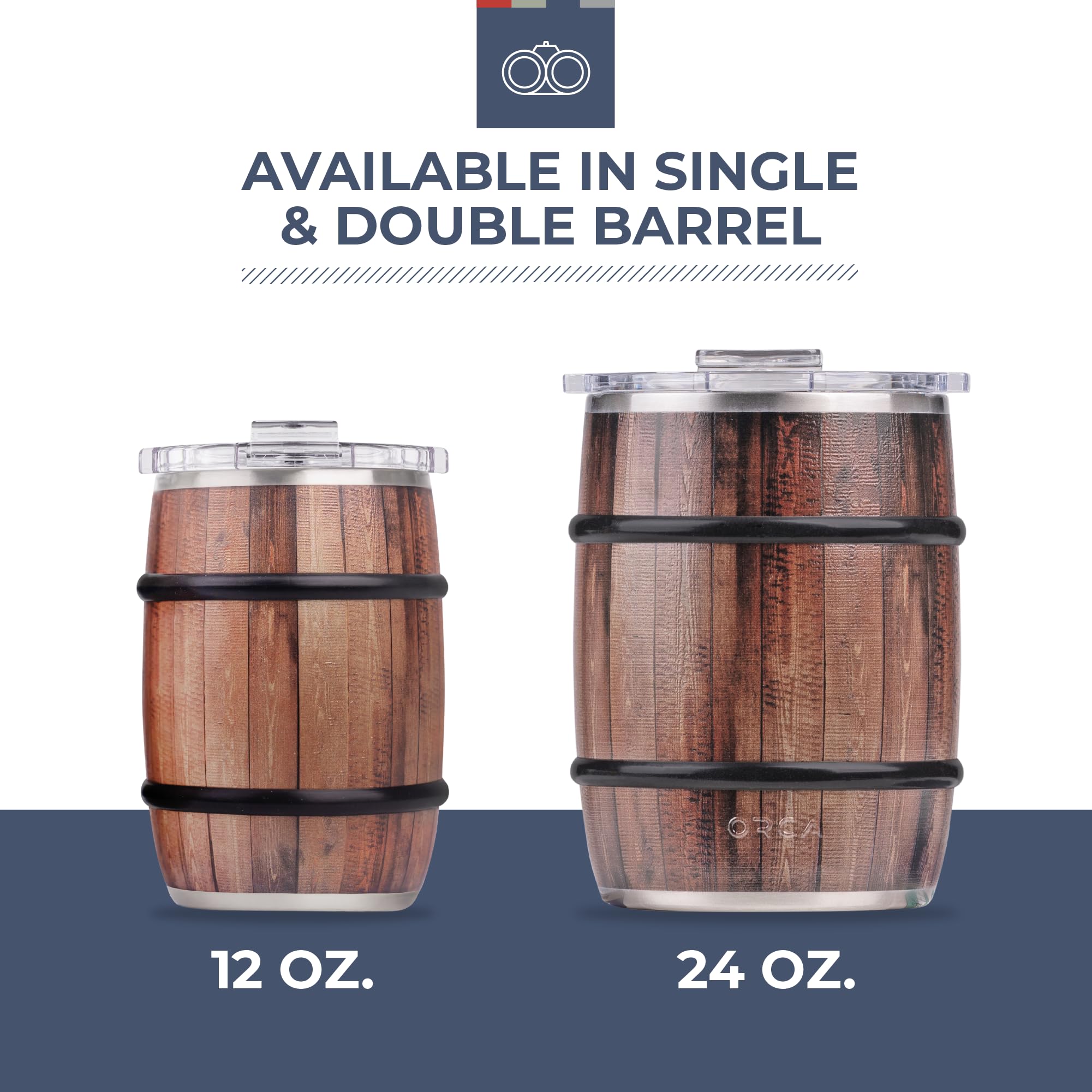 ORCA Barrel 12oz | Temperature Insulated, Stainless Steel Tumbler with a Classy Wood Grain Print, for Whiskey, Beer, or Coffee — Dark Oak