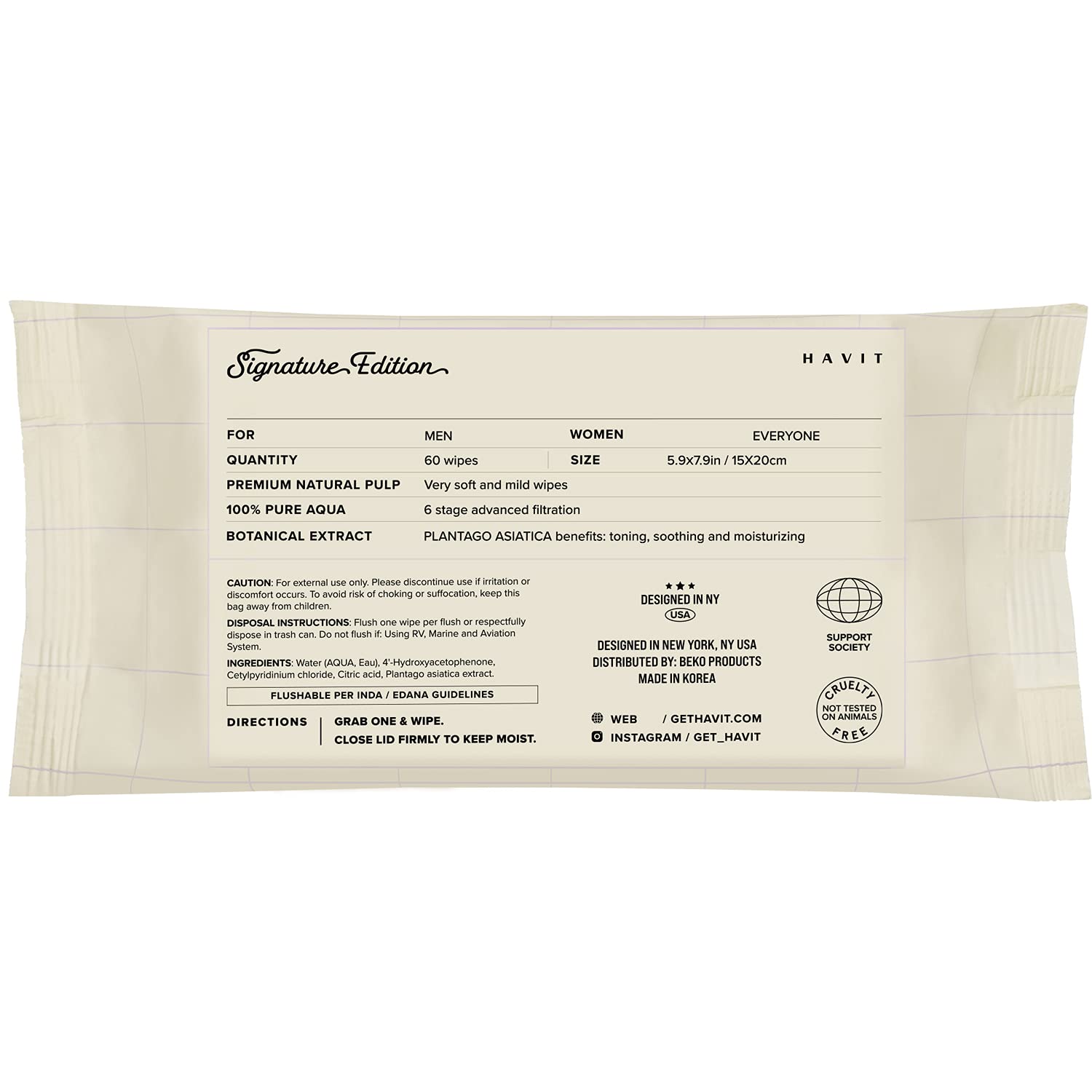 HAVIT Signature Edition Flushable Wipes for Women, Plant-Based Cloth with Natural Pulp, Plantago Asiatica Extracts, 360 Coutns (60 Cloth of 6 Packs)