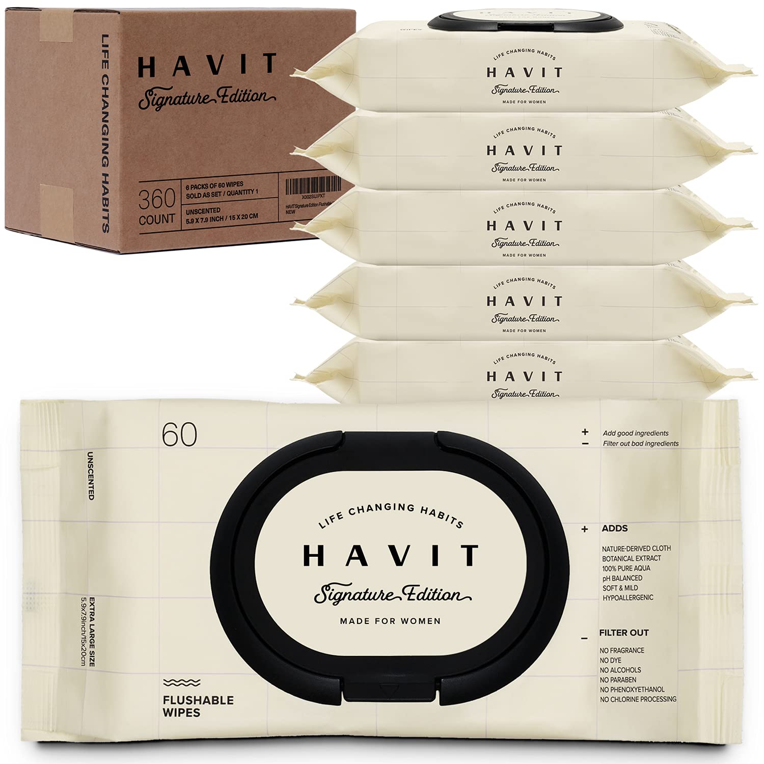 HAVIT Signature Edition Flushable Wipes for Women, Plant-Based Cloth with Natural Pulp, Plantago Asiatica Extracts, 360 Coutns (60 Cloth of 6 Packs)