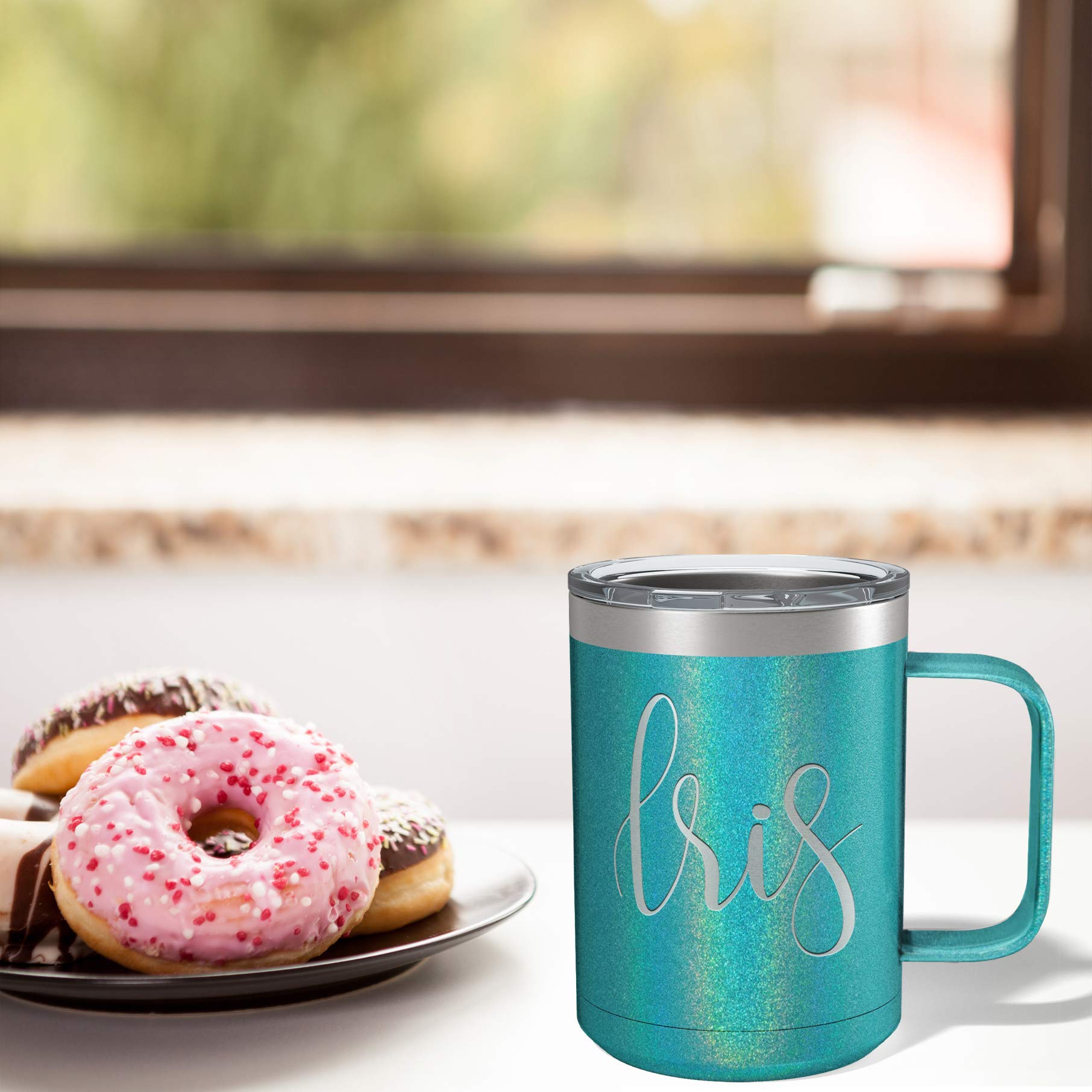 Personalized Coffee Mug Seafoam Glitter 15 oz with Lid and Handle Custom Engraved Gift Stainless Steel Vacuum Insulated Cup
