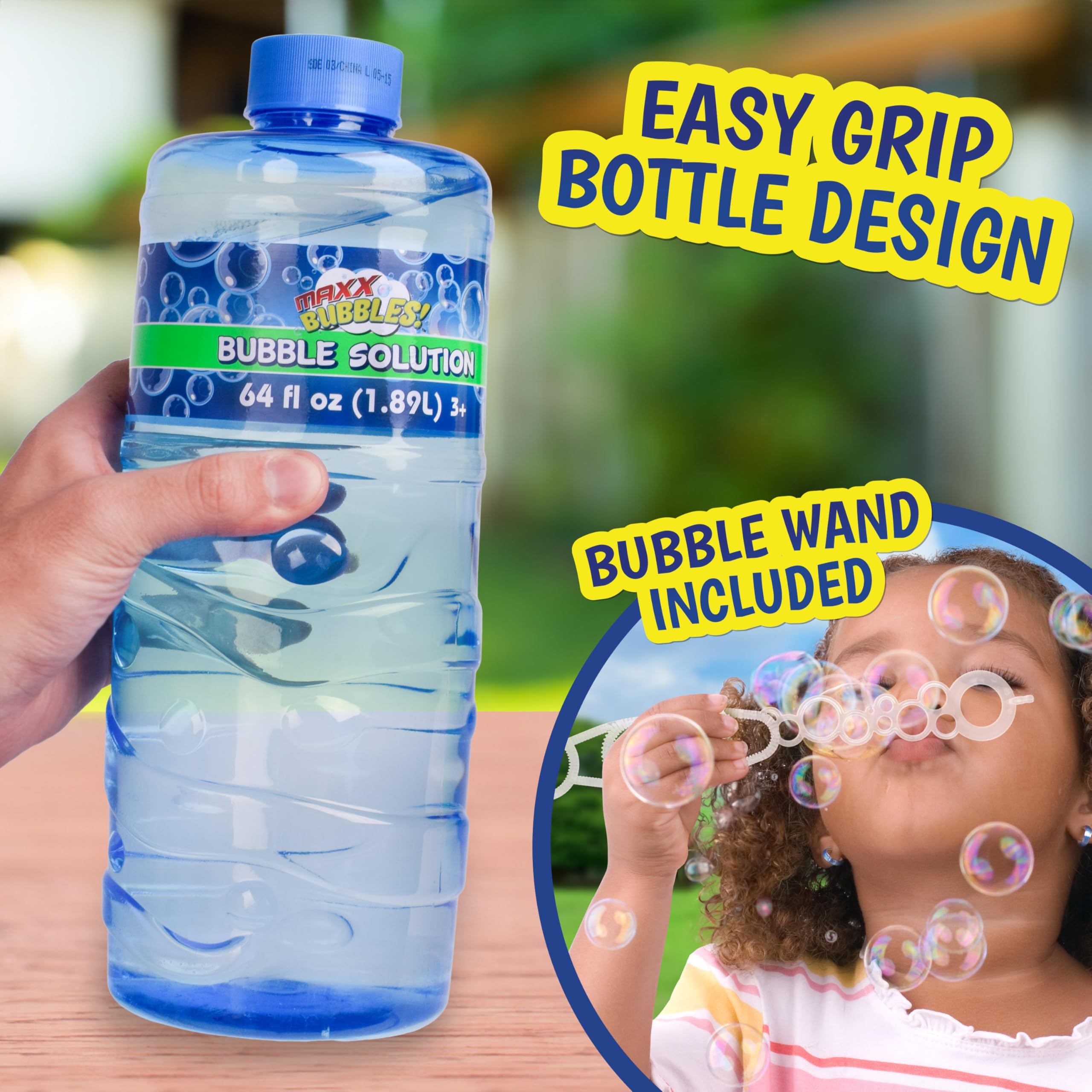 Sunny Days Entertainment Bubble Solution Refill with Wand 64oz Non Toxic (1/2 Gallon), Kids Easy Grip Bottle Refill for Bubble Machine, Bubble Wands, Bubble Toys