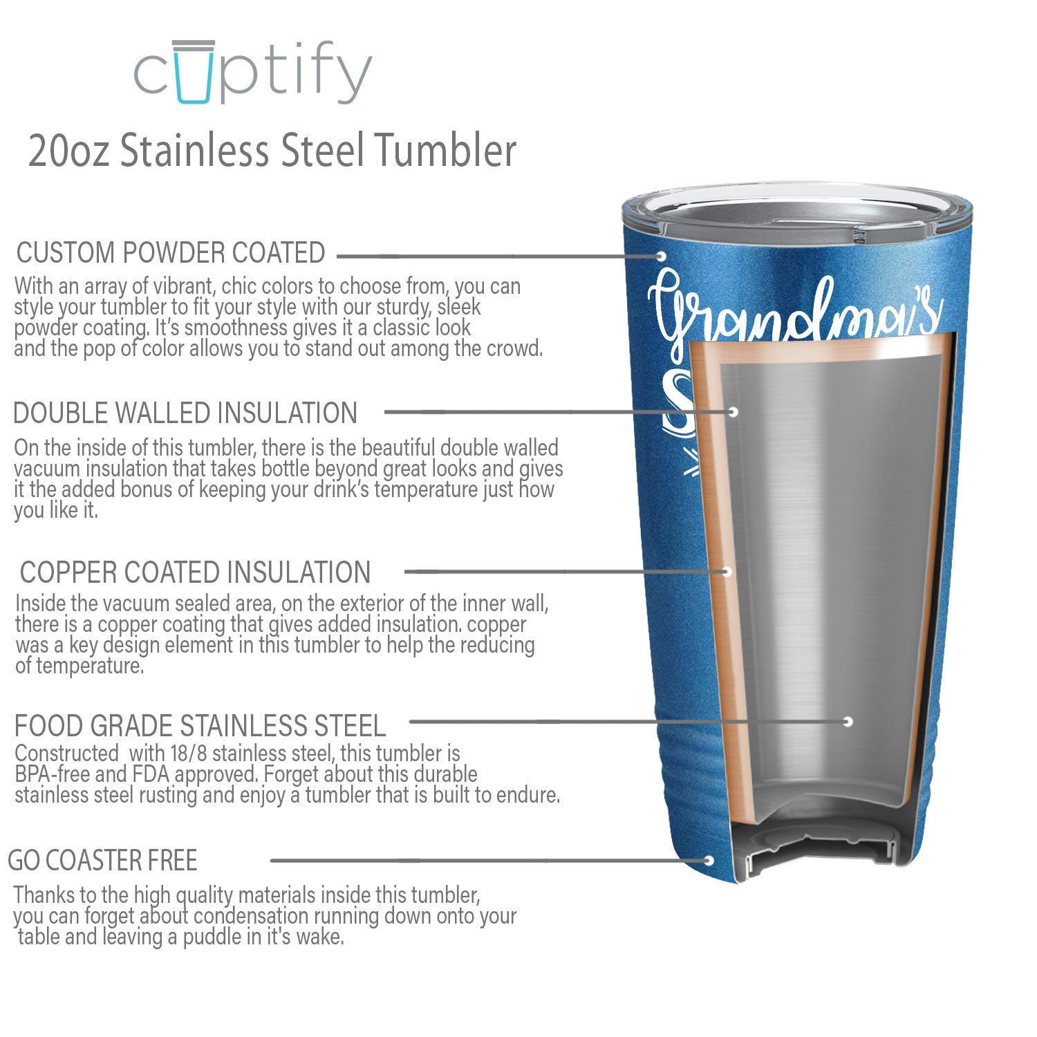 Grandmas Sippy Cup Gift for Women Birthday Blue Glitter 20 oz Stainless Steel Tumbler with Lid Insulated Cup