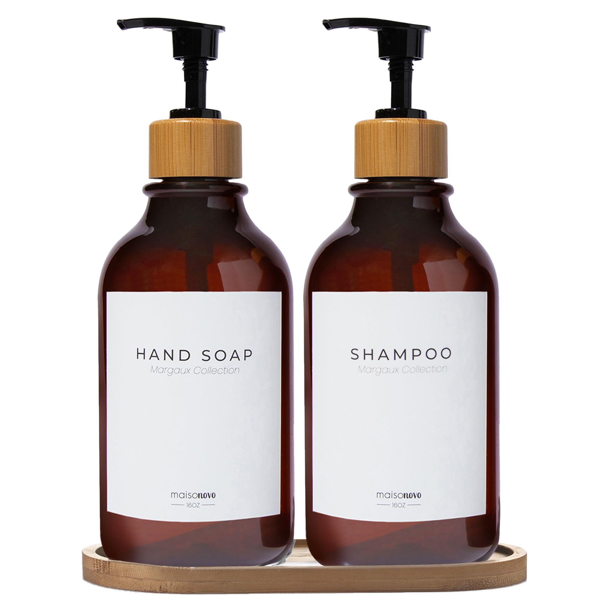 MaisoNovo Soap Dispenser 3-Piece Set | 16.9oz Amber Bottles with Black Bamboo Pumps