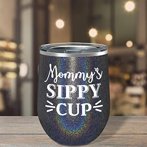 Mommy's Sippy Cup Wine Tumbler Black Glitter 12 oz Stainless Steel Stemless Glass with Lid for Mother's Day, Birthday, Christmas Gift for Mom