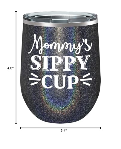 Mommy's Sippy Cup Wine Tumbler Black Glitter 12 oz Stainless Steel Stemless Glass with Lid for Mother's Day, Birthday, Christmas Gift for Mom