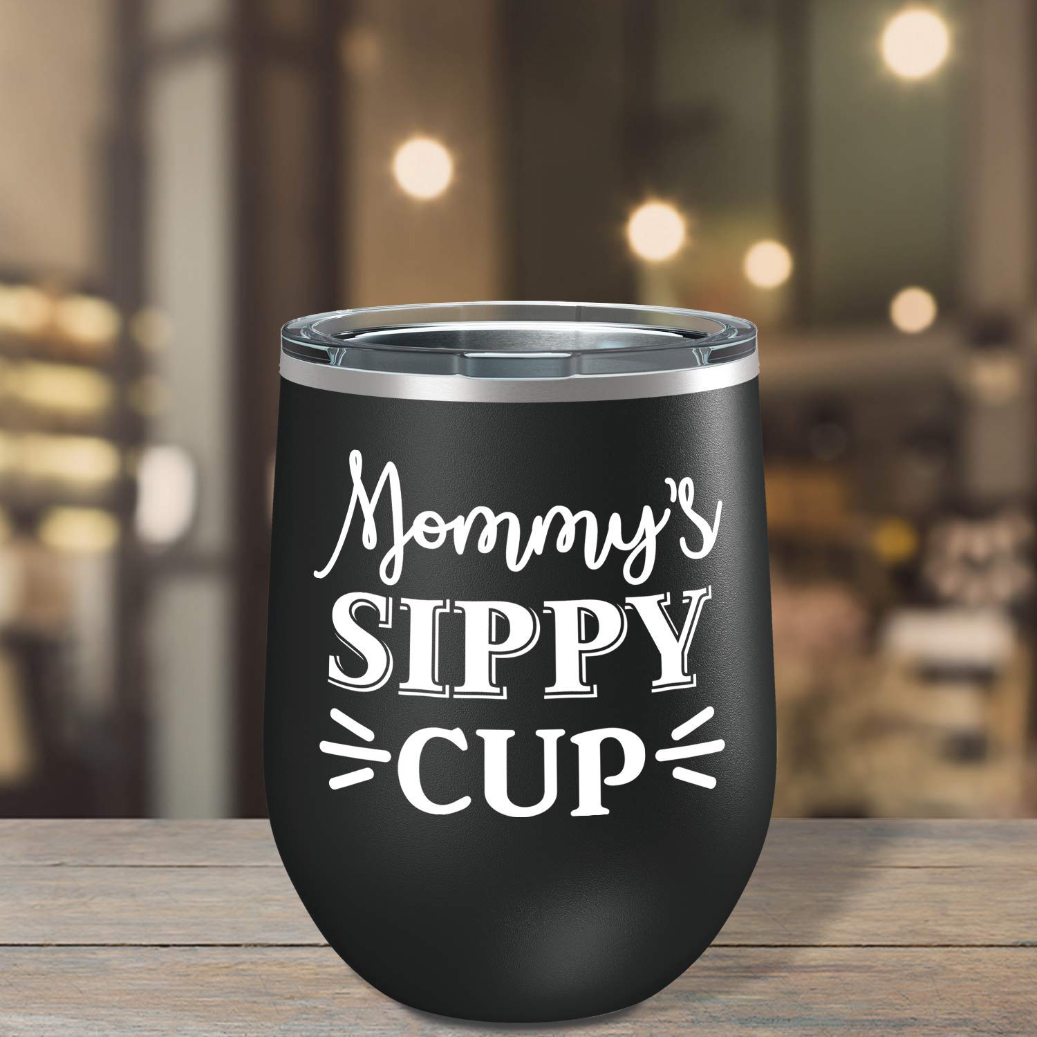 Mommy's Sippy Cup on 12 oz Black Stainless Steel Gift Travel Wine Tumbler