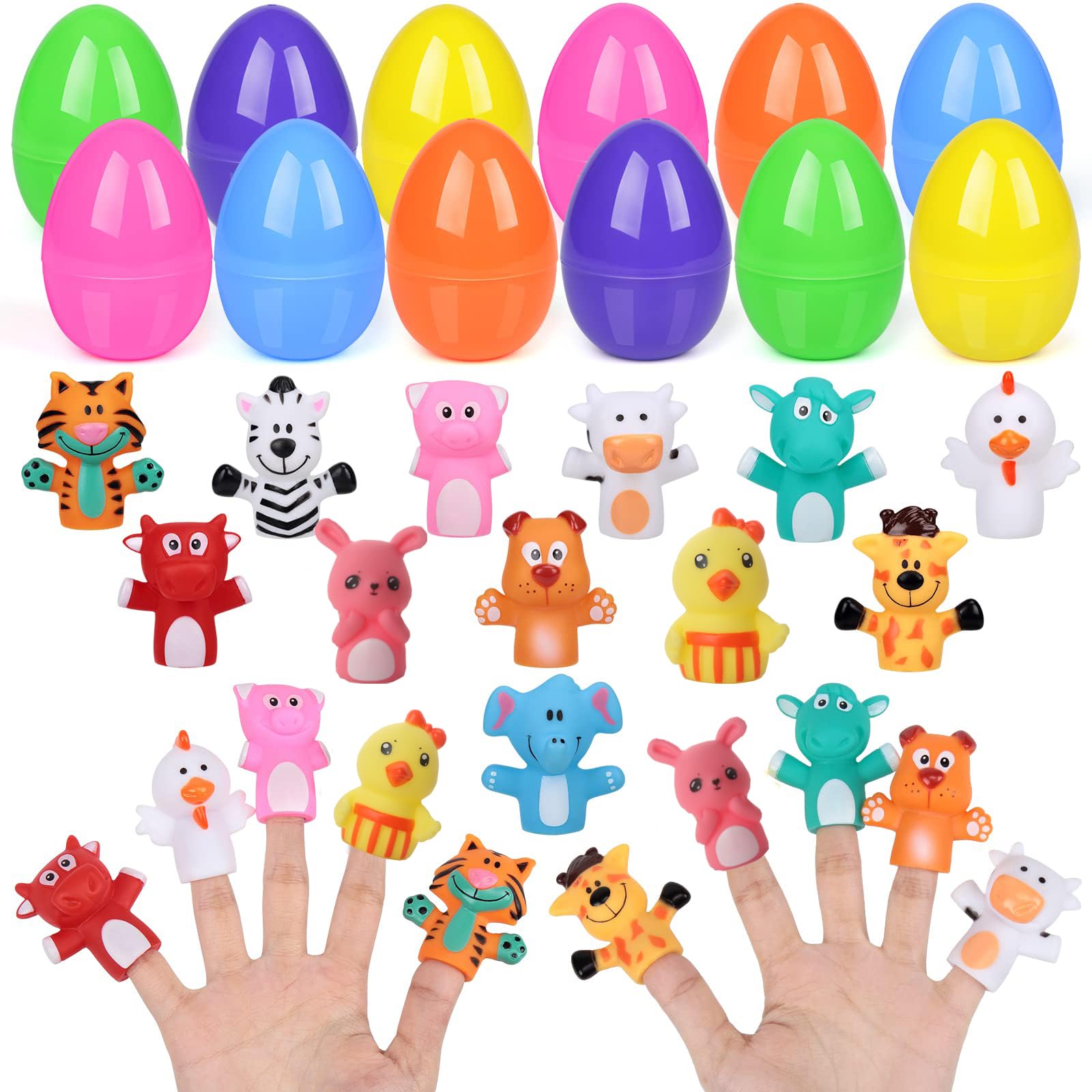 Easter Eggs with Animal Finger Puppets for Easter Eggs Hunt, Easter Basket Stuffers, Party Favors, Classroom Prize Supplies 12pcs