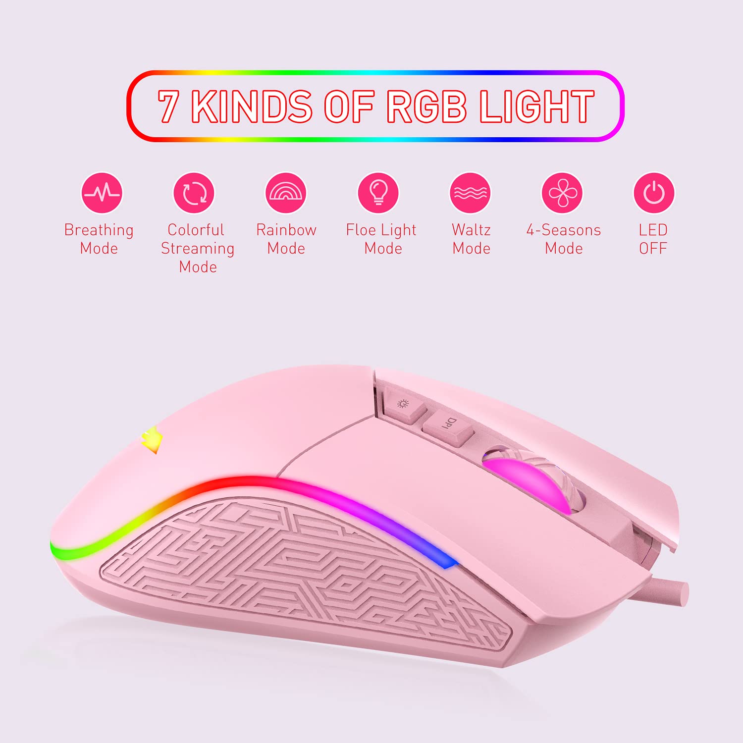 havit RGB Gaming Mouse Wired Programmable Ergonomic USB Mice 4800 Dots Per Inch 7 Buttons & 7 Color Backlit for Laptop PC Gamer Computer Desktop (Pink)