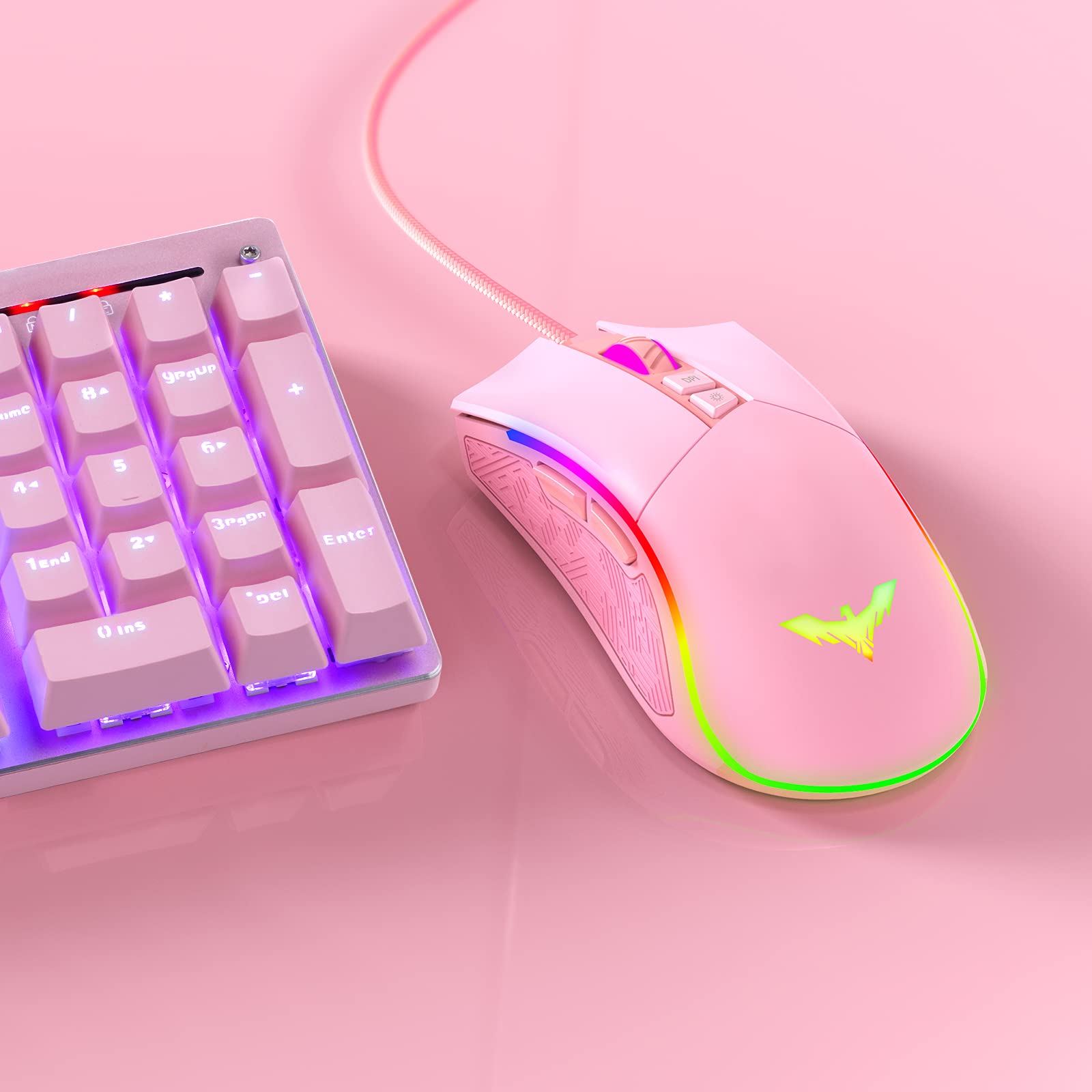havit RGB Gaming Mouse Wired Programmable Ergonomic USB Mice 4800 Dots Per Inch 7 Buttons & 7 Color Backlit for Laptop PC Gamer Computer Desktop (Pink)