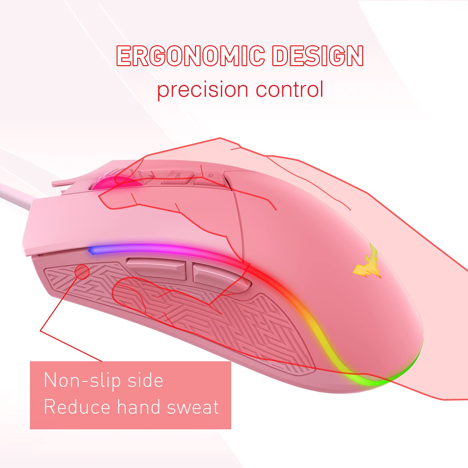havit RGB Gaming Mouse Wired Programmable Ergonomic USB Mice 4800 Dots Per Inch 7 Buttons & 7 Color Backlit for Laptop PC Gamer Computer Desktop (Pink)