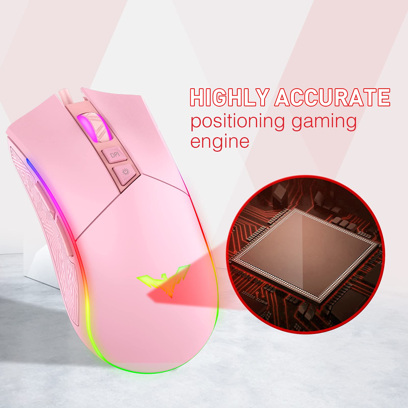 havit RGB Gaming Mouse Wired Programmable Ergonomic USB Mice 4800 Dots Per Inch 7 Buttons & 7 Color Backlit for Laptop PC Gamer Computer Desktop (Pink)