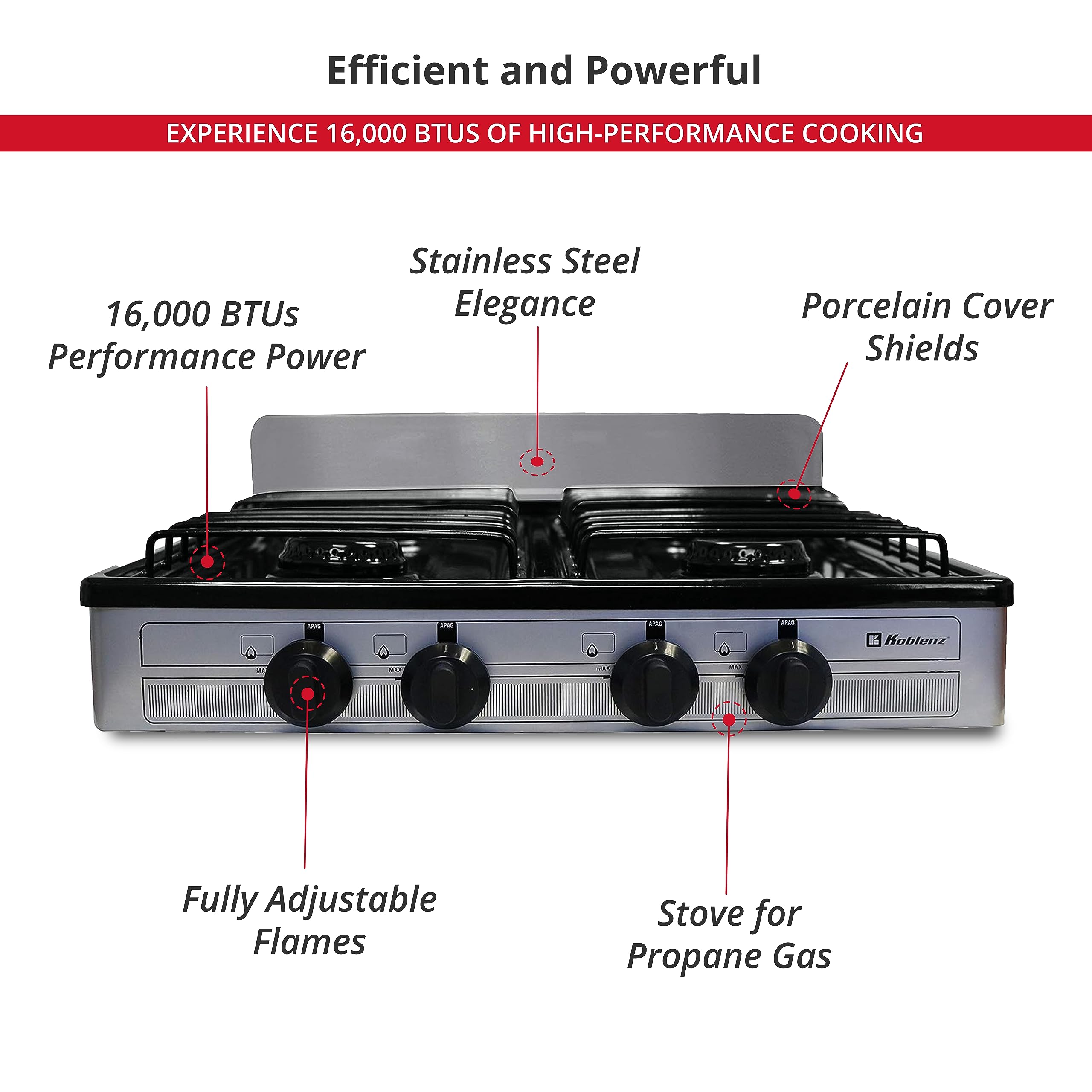 Koblenz PSK-400S 4 Portable Porcelain Cover and Four 16,000 BTU Burners, Stainless Steel Stove for Propane Gas, Silver
