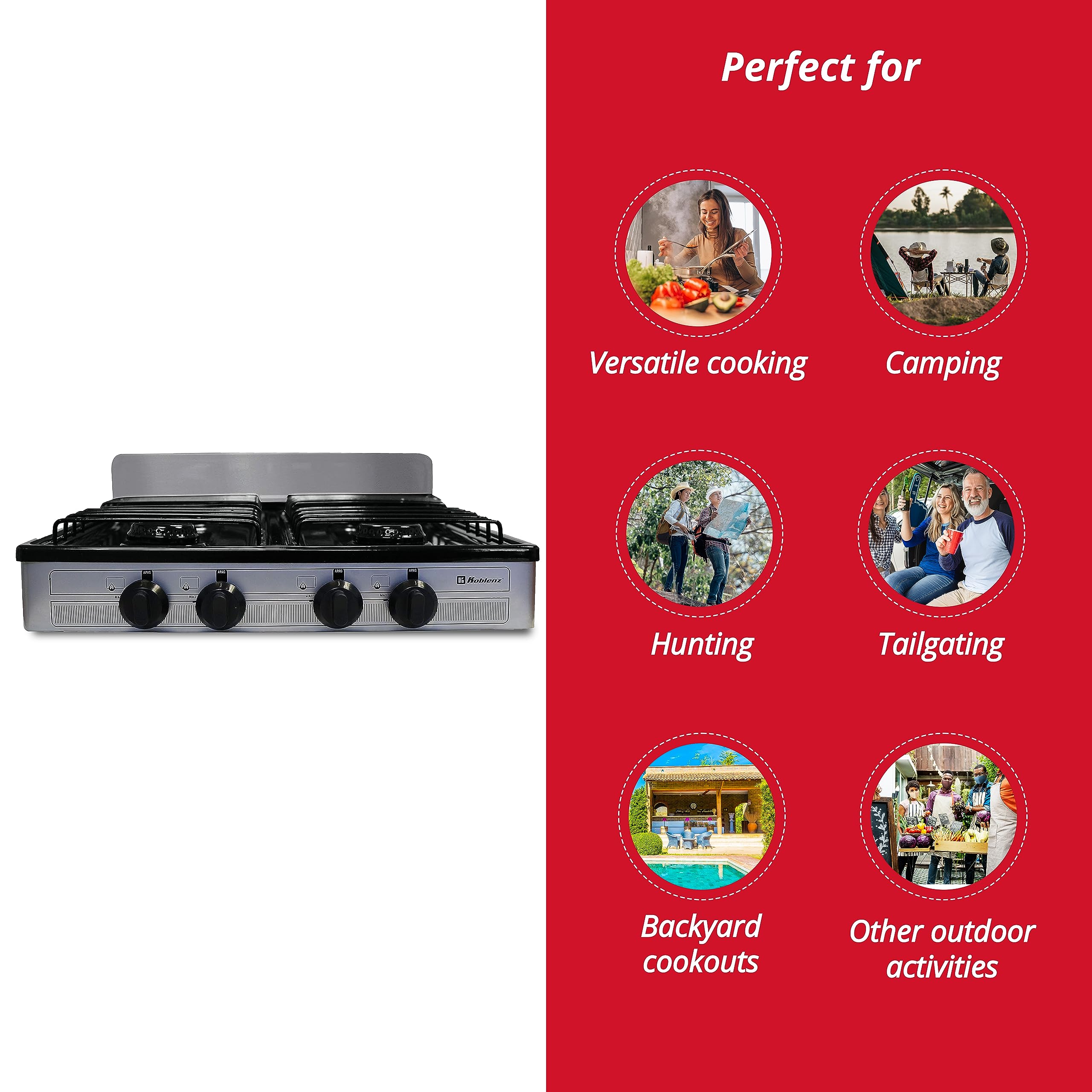 Koblenz PSK-400S 4 Portable Porcelain Cover and Four 16,000 BTU Burners, Stainless Steel Stove for Propane Gas, Silver