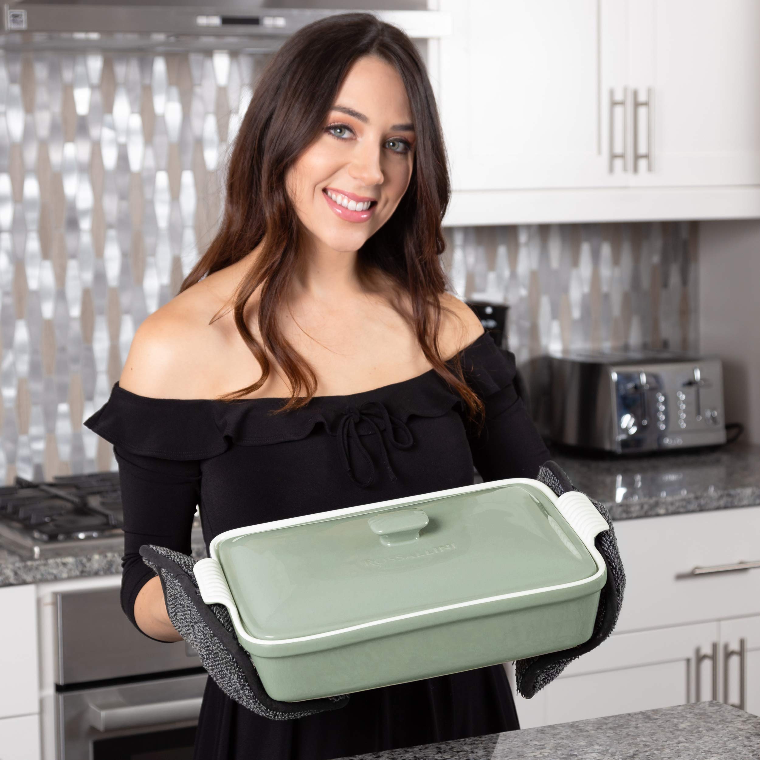 ROSSALLINI Stoneware Casserole Dish Bakeware Set with Lid, Covered Rectangular Dinnerware, Extra Large 4.23 Quart, 13 by 9 Inch, Verde Salvia [Sage Green]