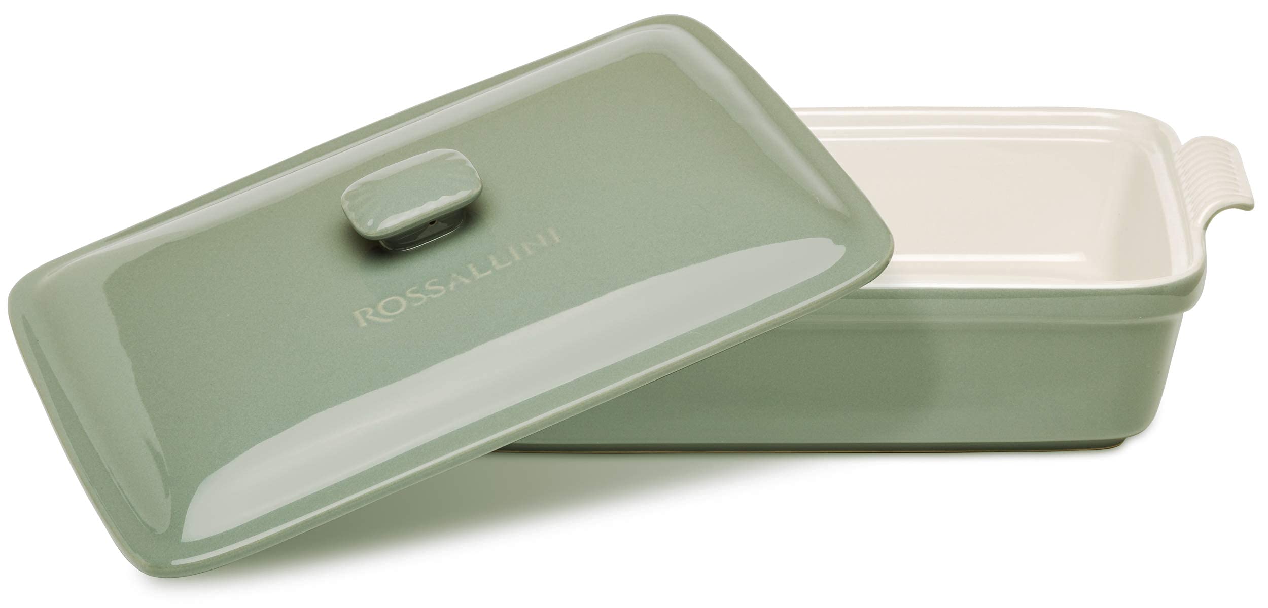 ROSSALLINI Stoneware Casserole Dish Bakeware Set with Lid, Covered Rectangular Dinnerware, Extra Large 4.23 Quart, 13 by 9 Inch, Verde Salvia [Sage Green]
