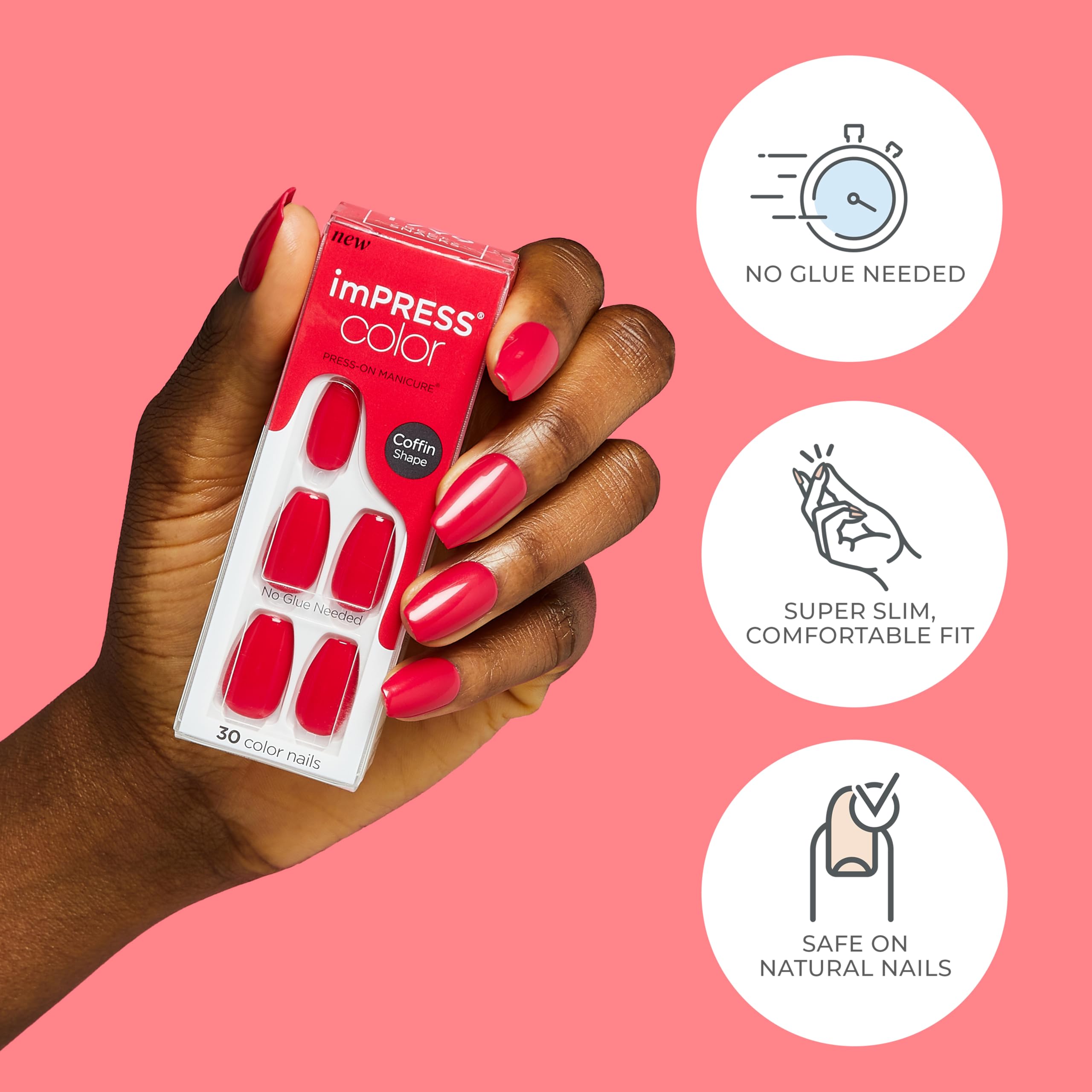 KISS imPRESS No Glue Mani Press On Nails, Color, 'Pretty Pink', Pink, Short Size, Squoval Shape, Includes 30 Nails, Prep Pad, Instructions Sheet, 1 Manicure Stick, 1 Mini File