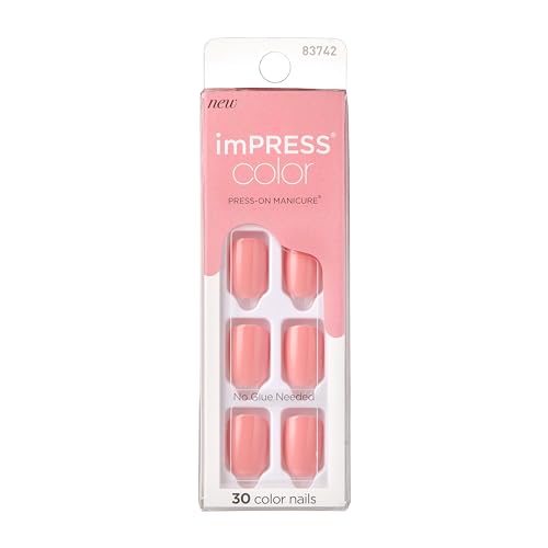 KISS imPRESS No Glue Mani Press On Nails, Color, 'Pretty Pink', Pink, Short Size, Squoval Shape, Includes 30 Nails, Prep Pad, Instructions Sheet, 1 Manicure Stick, 1 Mini File