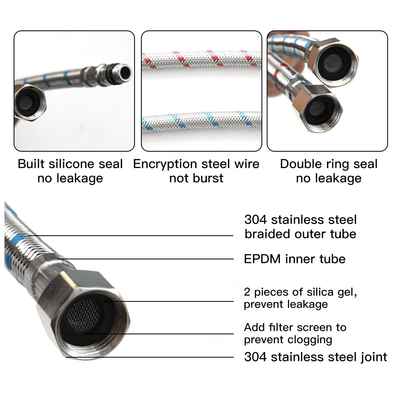Bathfinesse 40-Inch Long Bathroom Kitchen Faucet Connector Braided Stainless Steel Flexible Supply Hose Water Lines 3/8-Inch Female Compression Thread x M10 Male Connector, x 2 Pcs (1 Pair),100 cm