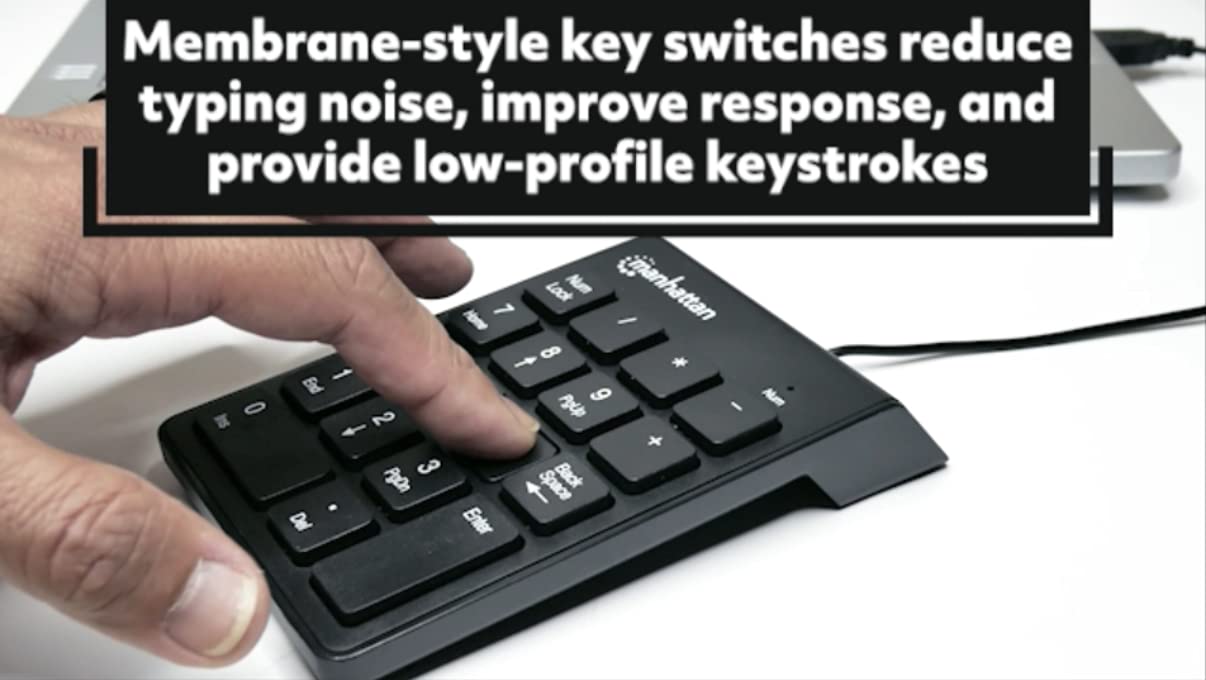 MANHATTAN Wired USB Numeric Keypad – 18 Full Size Keys & Ultra Slim Lightweight Ergonomic Number Pad Design - for Laptop, Desktop, Computer, PC – 3 Yr Mfg Warranty - Black, 179911