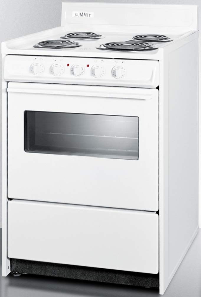 Summit Appliance WEM610W 24" Wide Electric Coil Top Range in White with Oven Window, Interior Light, Lower Storage Compartment, Recessed Oven Door, Broiler Tray