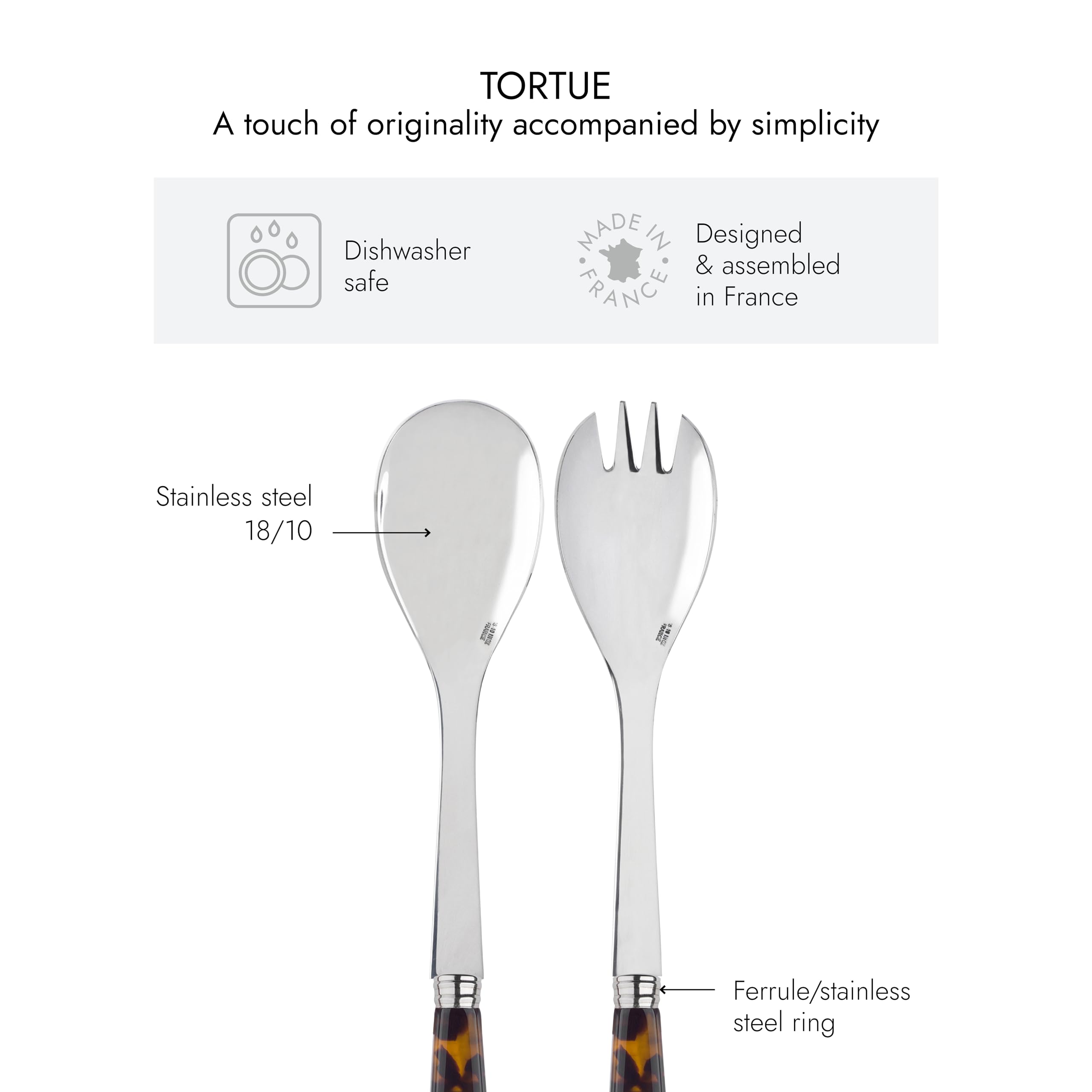 SABRE PARIS - 2-Piece Salad Servers 10.2 inches - Tortue Collection - Stainless Steel & Acrylic - Dishwasher Safe - Scaled Effect