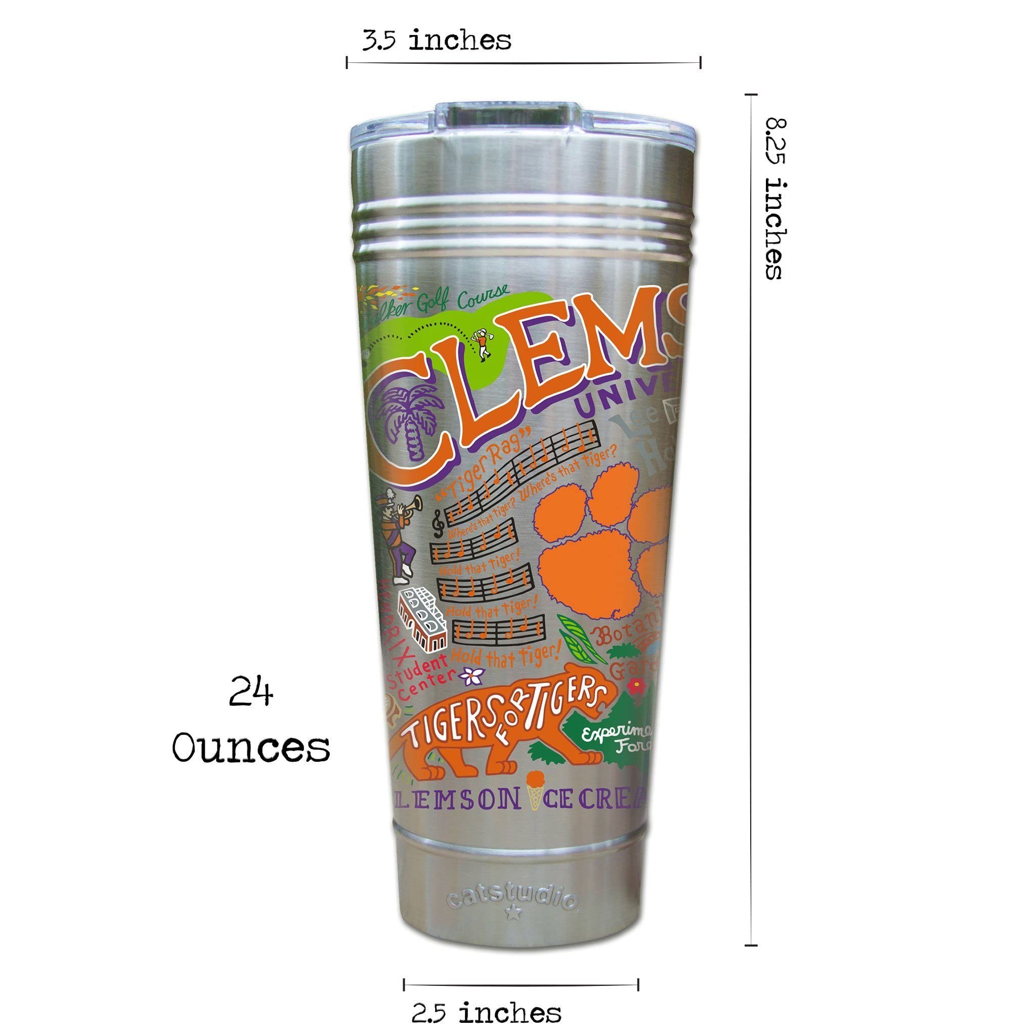 Catstudio Clemson University Collegiate Thermal Tumbler | Triple Wall Insulation With Non Slip Bottom | Great College Travel Cup for Water, Coffee, Tea, or Smoothies