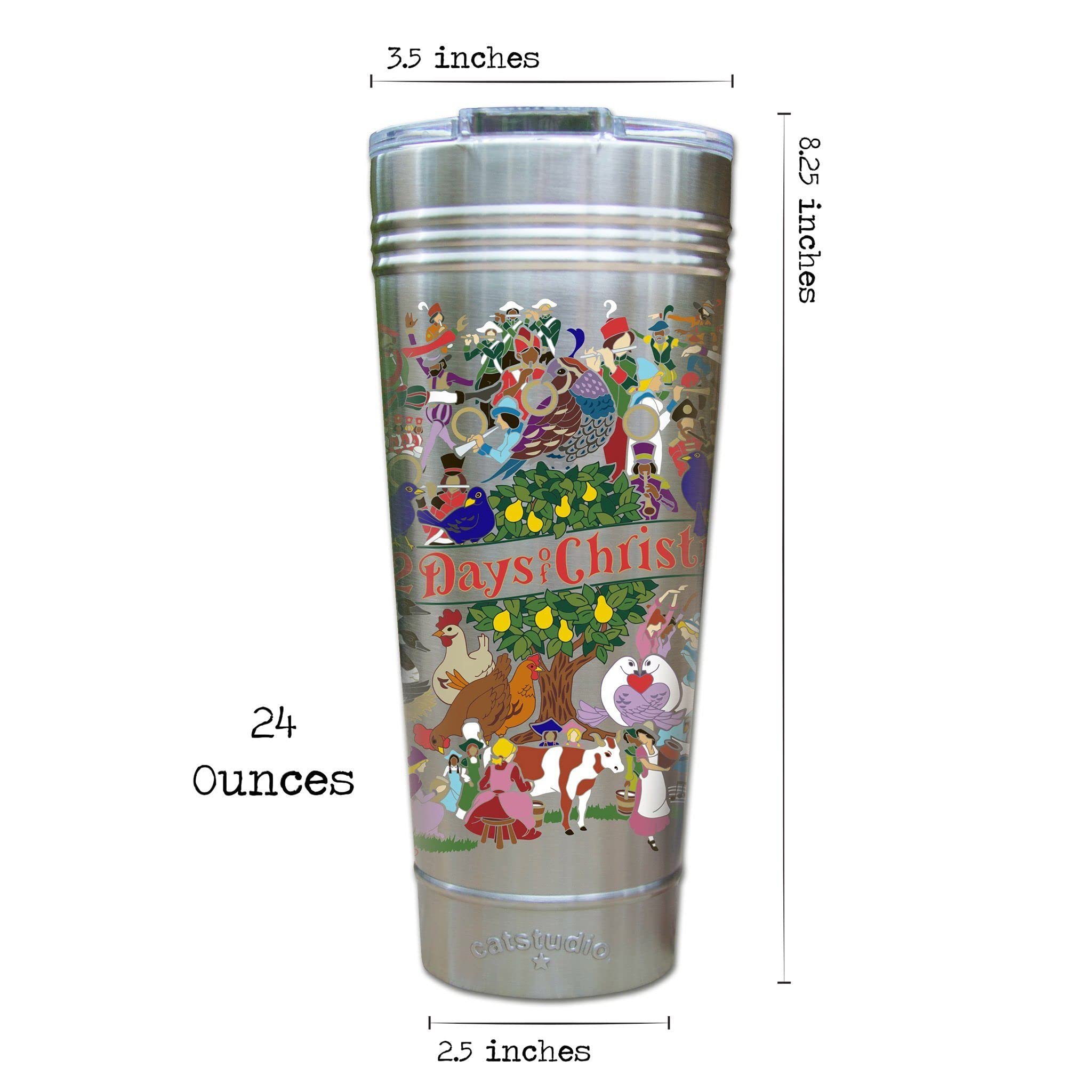 Catstudio 12 Days Of Christmas Thermal Tumbler | Triple Wall Insulation With Non Slip Bottom | Great Holiday and Christmas Travel Cup for Water, Coffee, Tea, or Smoothies