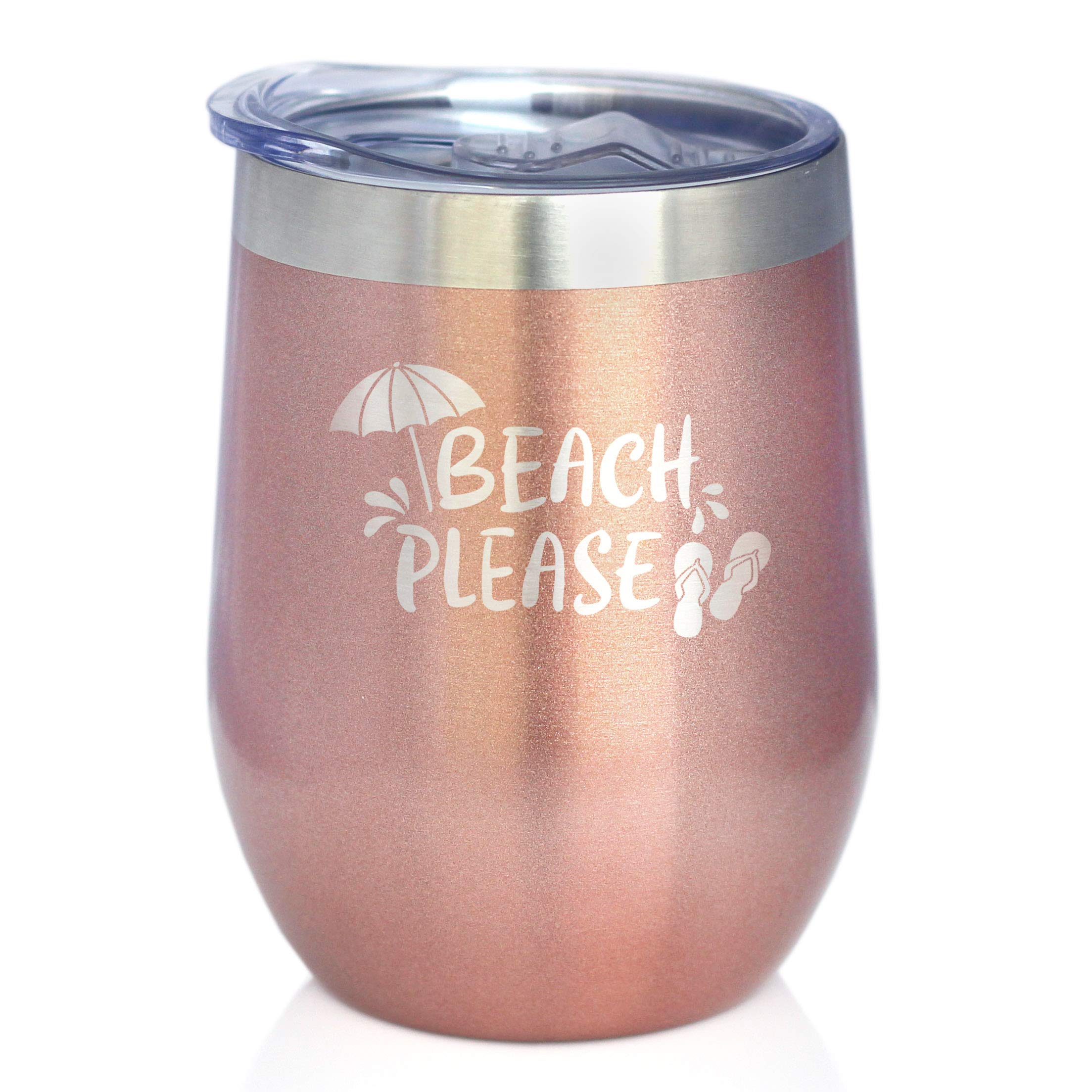 Beach Please - Travel Wine Tumbler with Sliding Lid - Stemless Stainless Steel Insulated Cup - Cute Funny Outdoor Camping Gift - Rose Gold