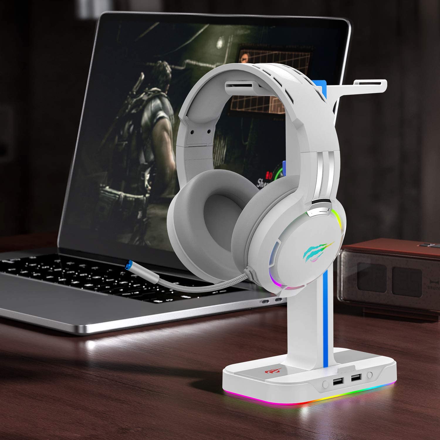 havit RGB Gaming Headphone Stand Desk Dual Headset Hanger Base with Phone Holder & 2 USB Ports for Desktop PC Game Earphone Accessories