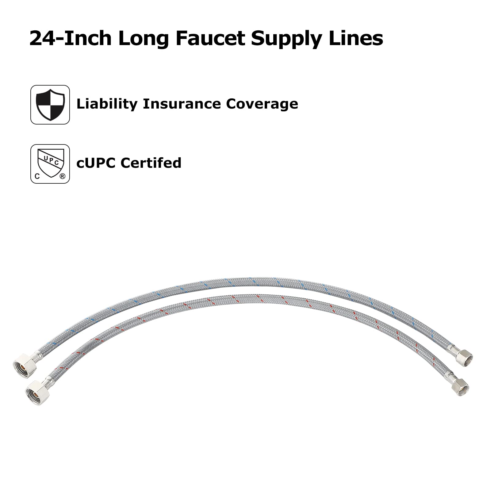 PARLOS 24 Inch Faucet Water Supply Lines cUPC CERTIFIED with 9/16-24 UNEF threads Brass Connector, 2103001