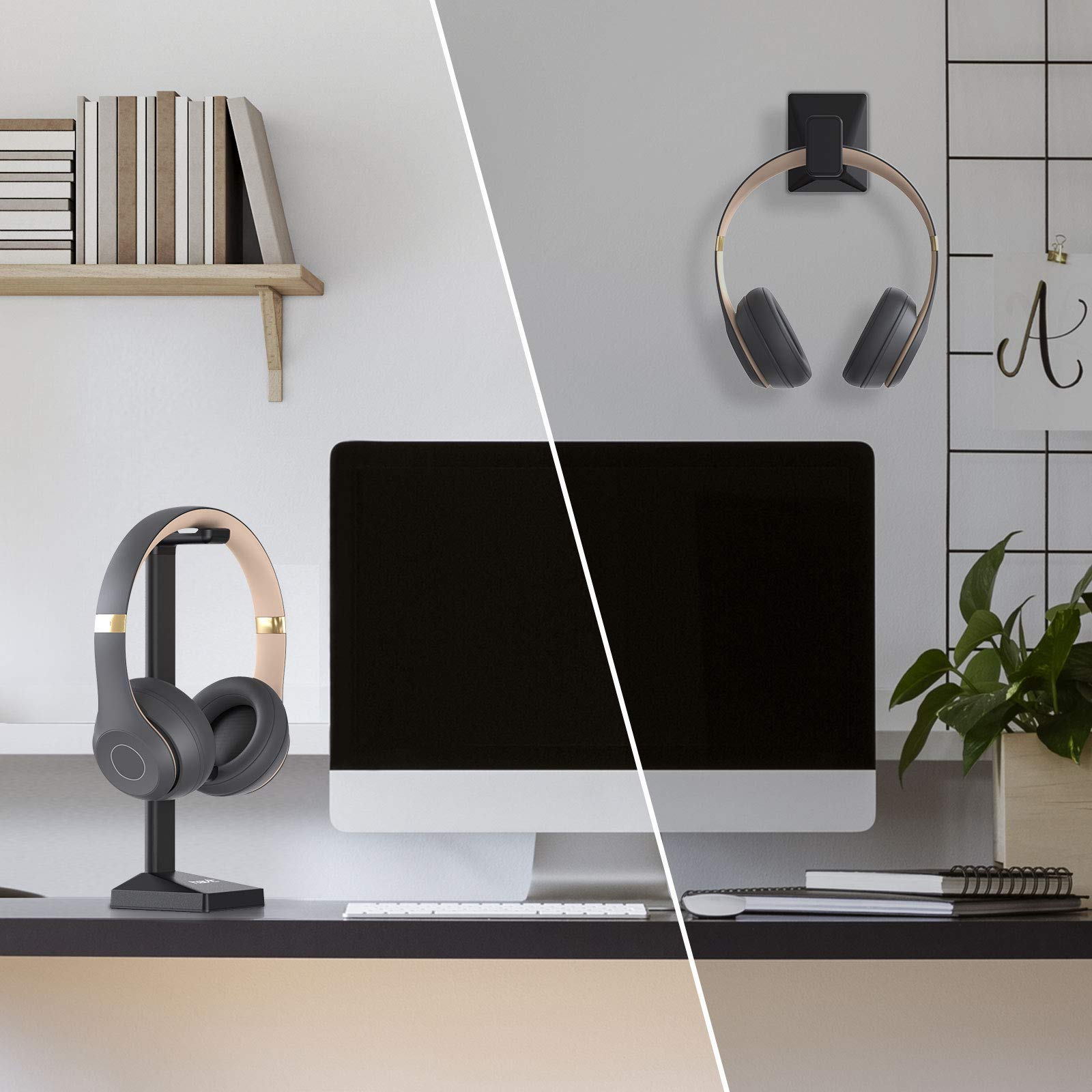 havit PC Gaming Headset Headphone Stand Holder Hanger Hook 2 in 1 Headphones Stand Aluminum Pole Solid Base Rubber Anti-Slip for Desk Wall Desk Compatible All Headphone