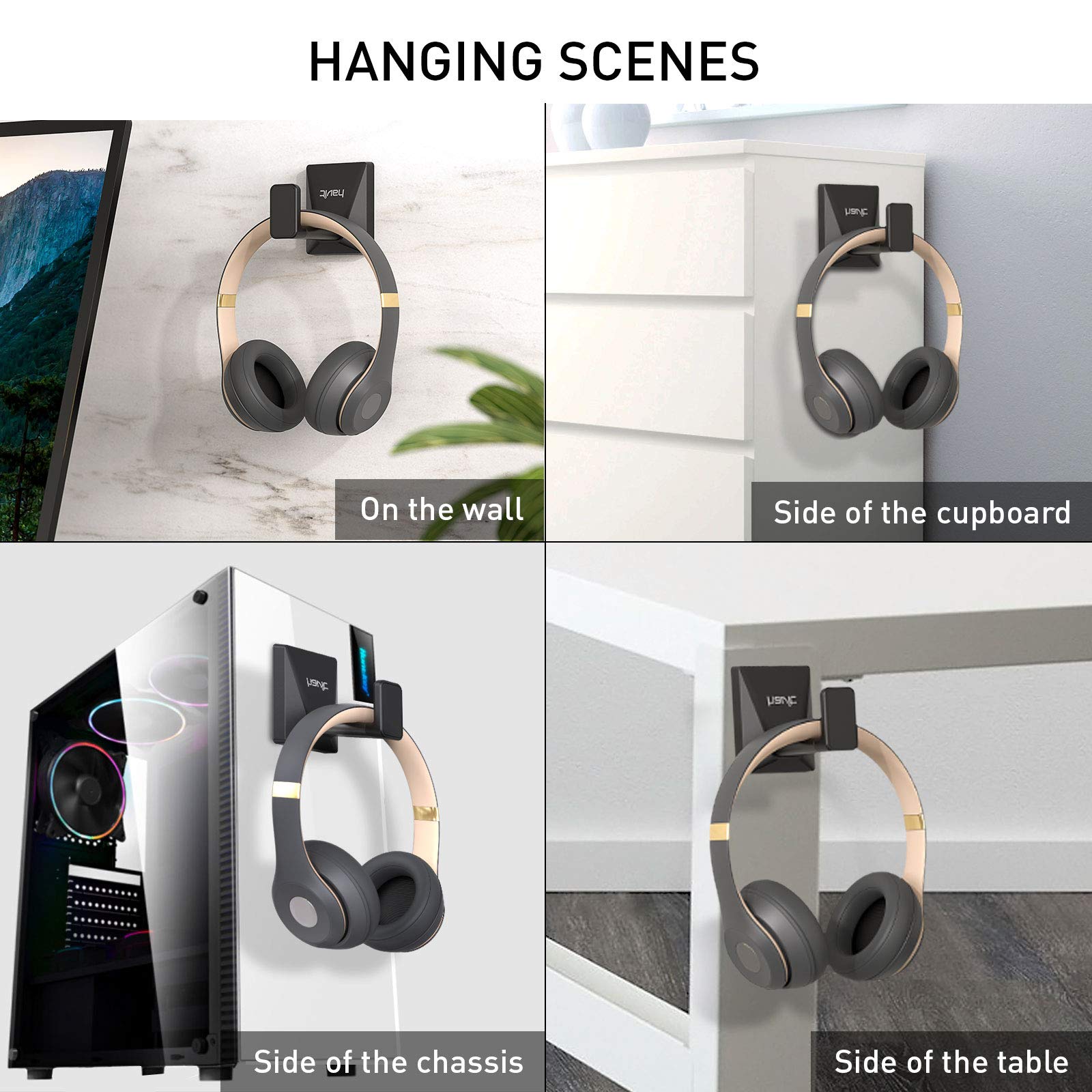 havit PC Gaming Headset Headphone Stand Holder Hanger Hook 2 in 1 Headphones Stand Aluminum Pole Solid Base Rubber Anti-Slip for Desk Wall Desk Compatible All Headphone