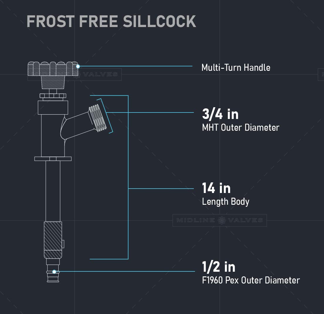 Midline Valve 6214G-OM Anti-Siphon Sillcock Frost Free Outdoor Faucet 1/2 in. PEX A x 3/4 in. Hose Bib, 14 in. Long, Chrome