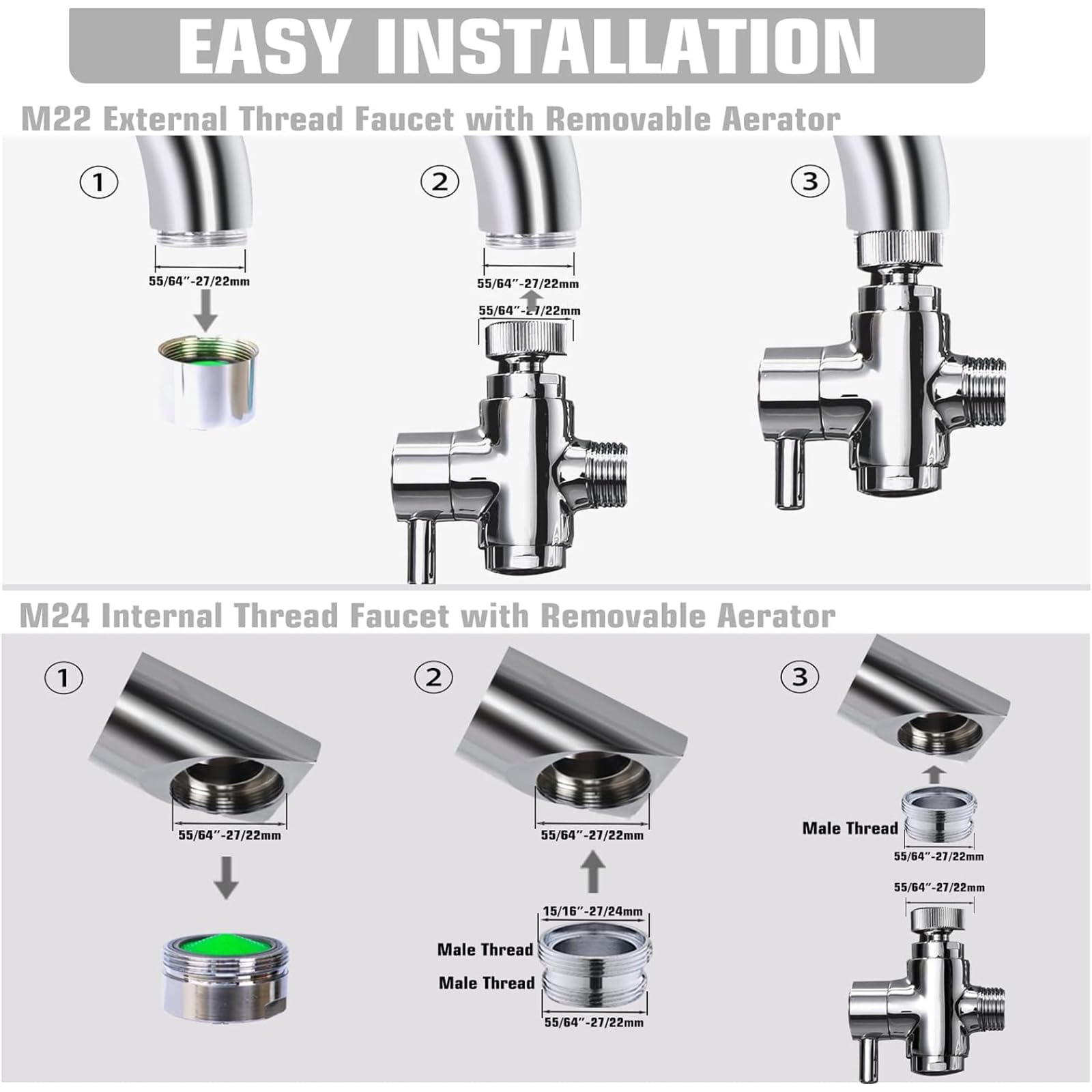Brass Diverter Valve with Aerator, 3 Way Splitter with Male Thread Adapter, 360 Swivel Faucet Adapter for Sink Hose Attachment, Bathroom/Kitchen Faucet Connector (Chrome)