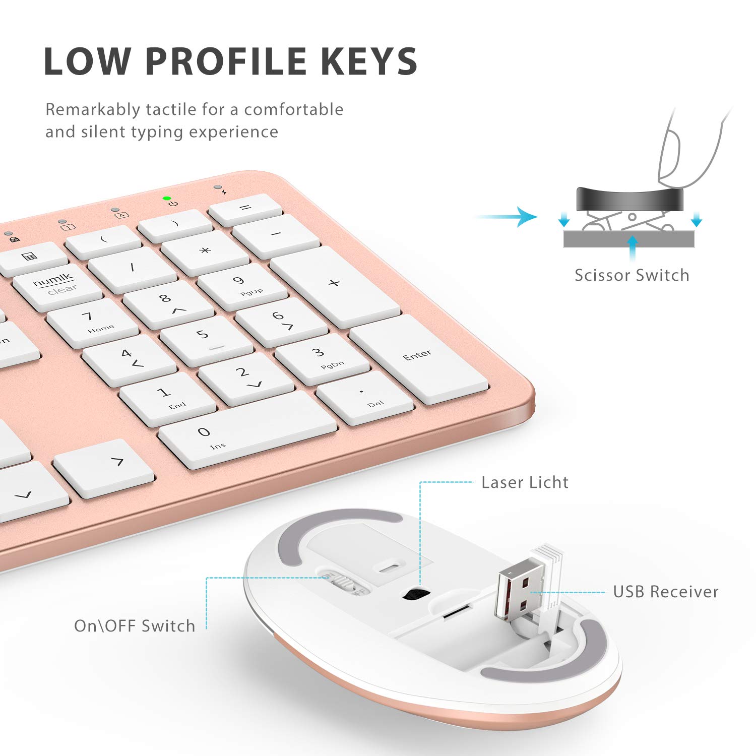 iClever GK08 Wireless Keyboard and Mouse - Rechargeable Wireless Keyboard Ergonomic Full Size Design with Number Pad, 2.4G Stable Connection Slim White Keyboard and Mouse for Windows, Mac OS Computer