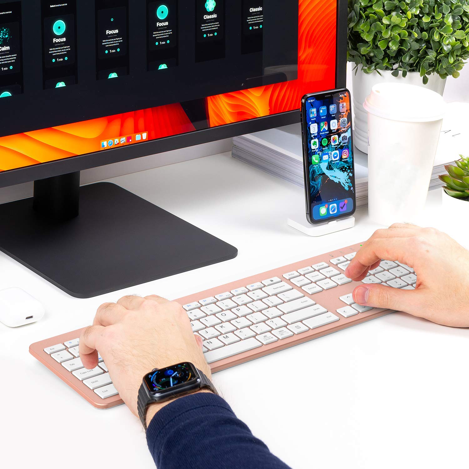 iClever GK08 Wireless Keyboard and Mouse - Rechargeable Wireless Keyboard Ergonomic Full Size Design with Number Pad, 2.4G Stable Connection Slim White Keyboard and Mouse for Windows, Mac OS Computer