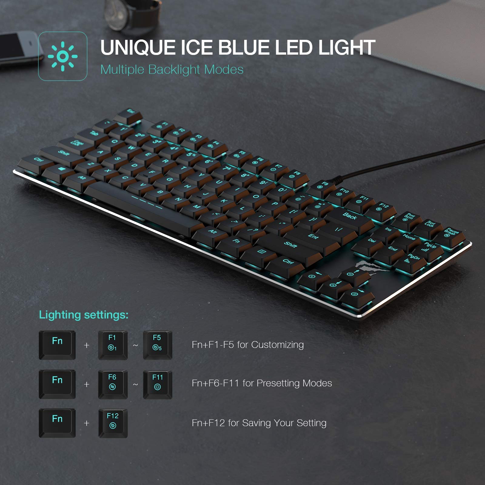 Mechanical Keyboard HAVIT Backlit Wired Gaming Keyboard Extra-Thin & Light, Kailh Latest Low Profile Blue Switches, 87 Keys N-Key Rollover (Black) (Renewed)