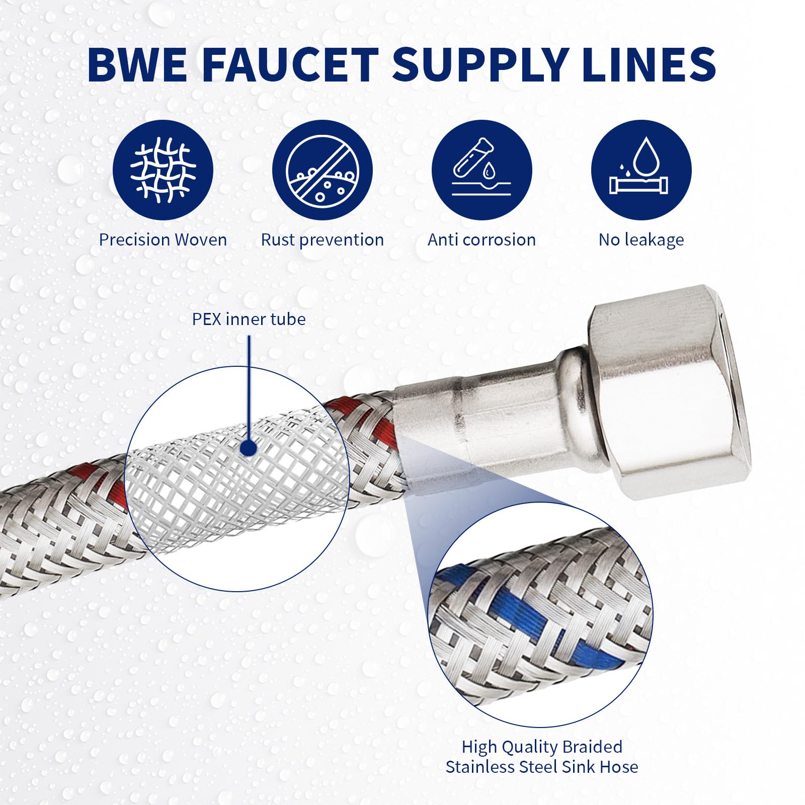 BWE 32-Inch Long Bathroom Kitchen Faucet Connector Braided Stainless Steel Supply Hose 1/2-Inch Female Compression Thread x 2 Pcs (1 Pair)