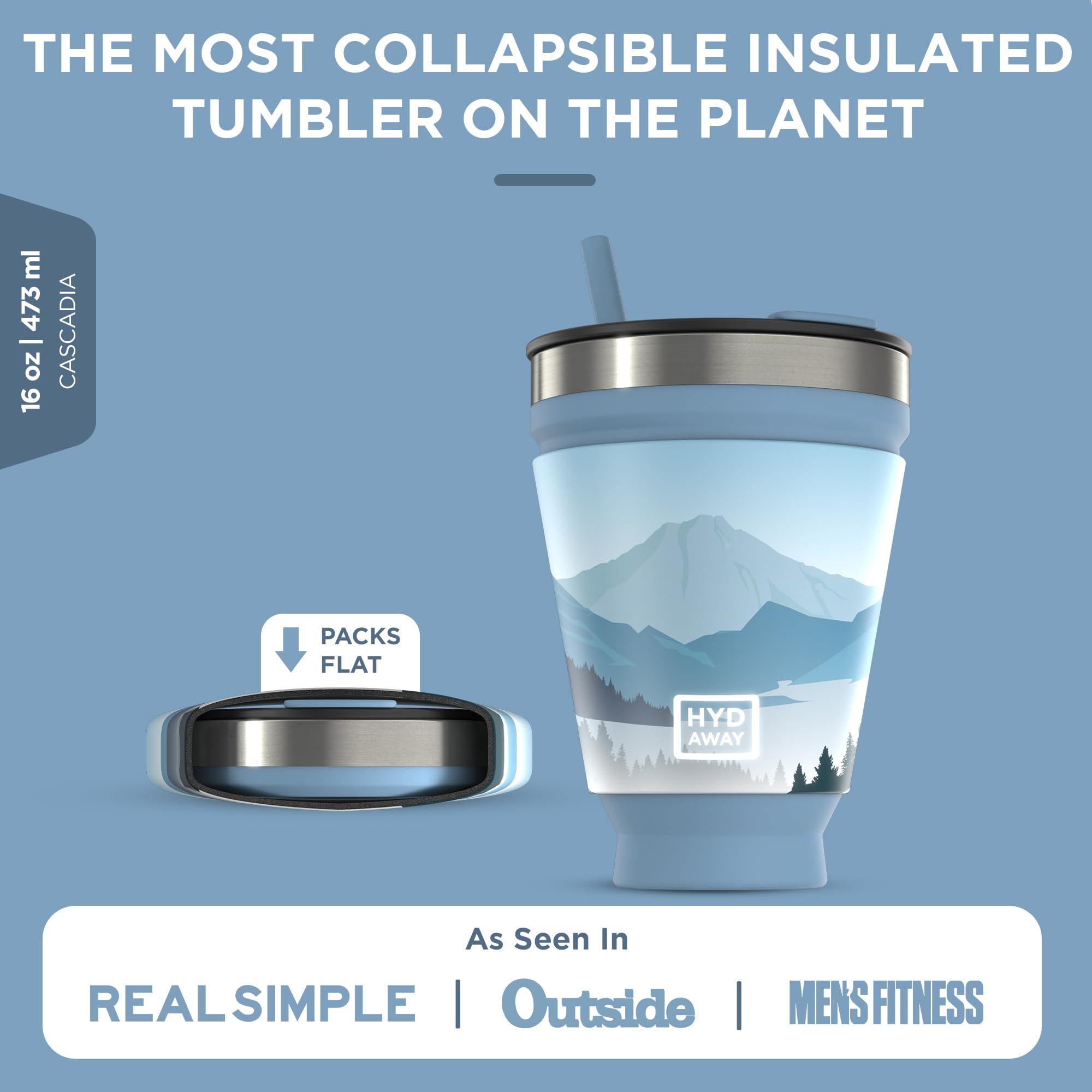 HYDAWAY Collapsible Tumbler with Lid and Straw - 16 oz I Portable, Insulated Silicone Travel Mug, Hot & Cold Foldable Cup for Coffee, Tea, Camping & Backpacking, Spill Proof Lid & Steel Rim