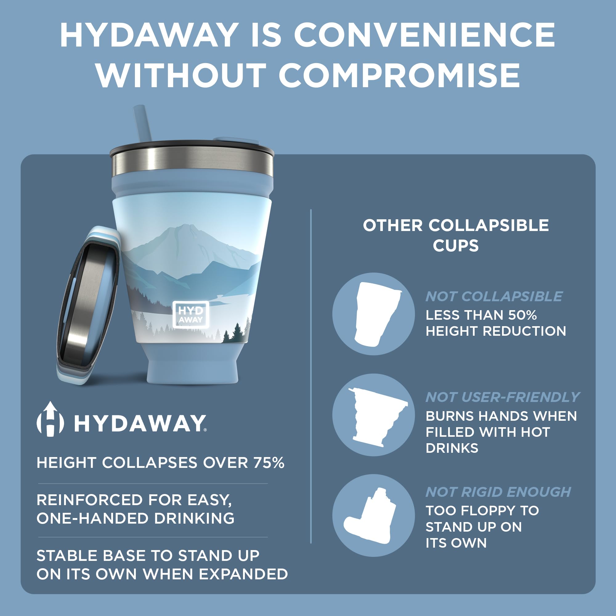 HYDAWAY Collapsible Tumbler with Lid and Straw - 16 oz I Portable, Insulated Silicone Travel Mug, Hot & Cold Foldable Cup for Coffee, Tea, Camping & Backpacking, Spill Proof Lid & Steel Rim