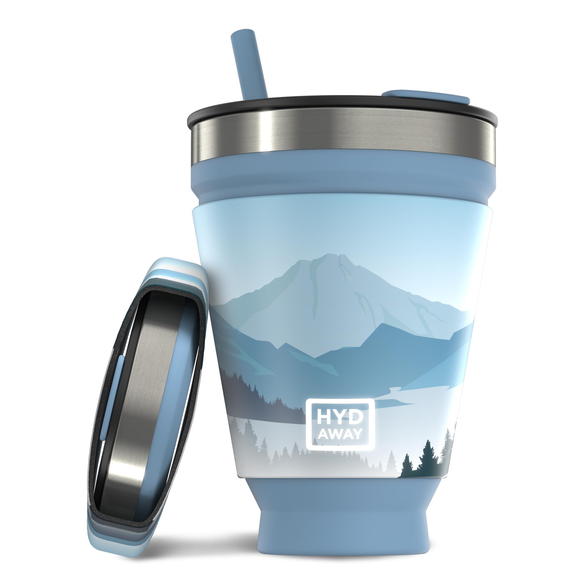 HYDAWAY Collapsible Tumbler with Lid and Straw - 16 oz I Portable, Insulated Silicone Travel Mug, Hot & Cold Foldable Cup for Coffee, Tea, Camping & Backpacking, Spill Proof Lid & Steel Rim