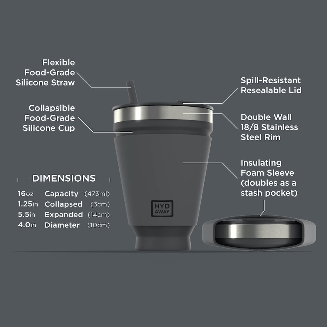 HYDAWAY Collapsible Drink Tumbler | Portable, Insulated, Hot & Cold Drink Cup for Coffee, Tea, Smoothies, Beer, Cocktails, Travel, Commuting, Camping, Events | 16oz Capacity (Ember)