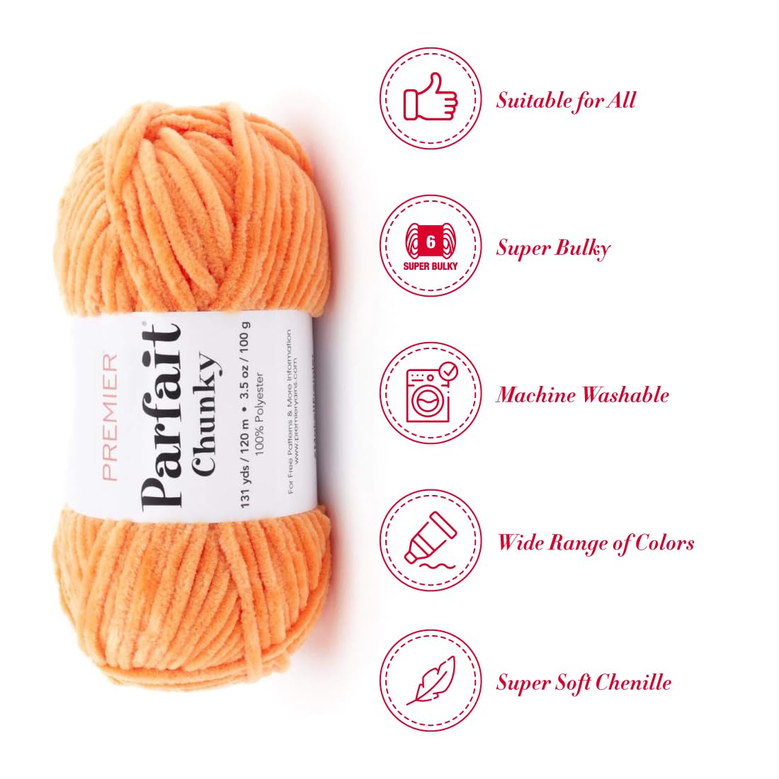 Premier Parfait Chunky Yarn, Super Bulky Yarn, Ideal Yarn for Knitting and Crocheting, Chenille Yarn, Tangerine, 3.5 oz, 131 Yards