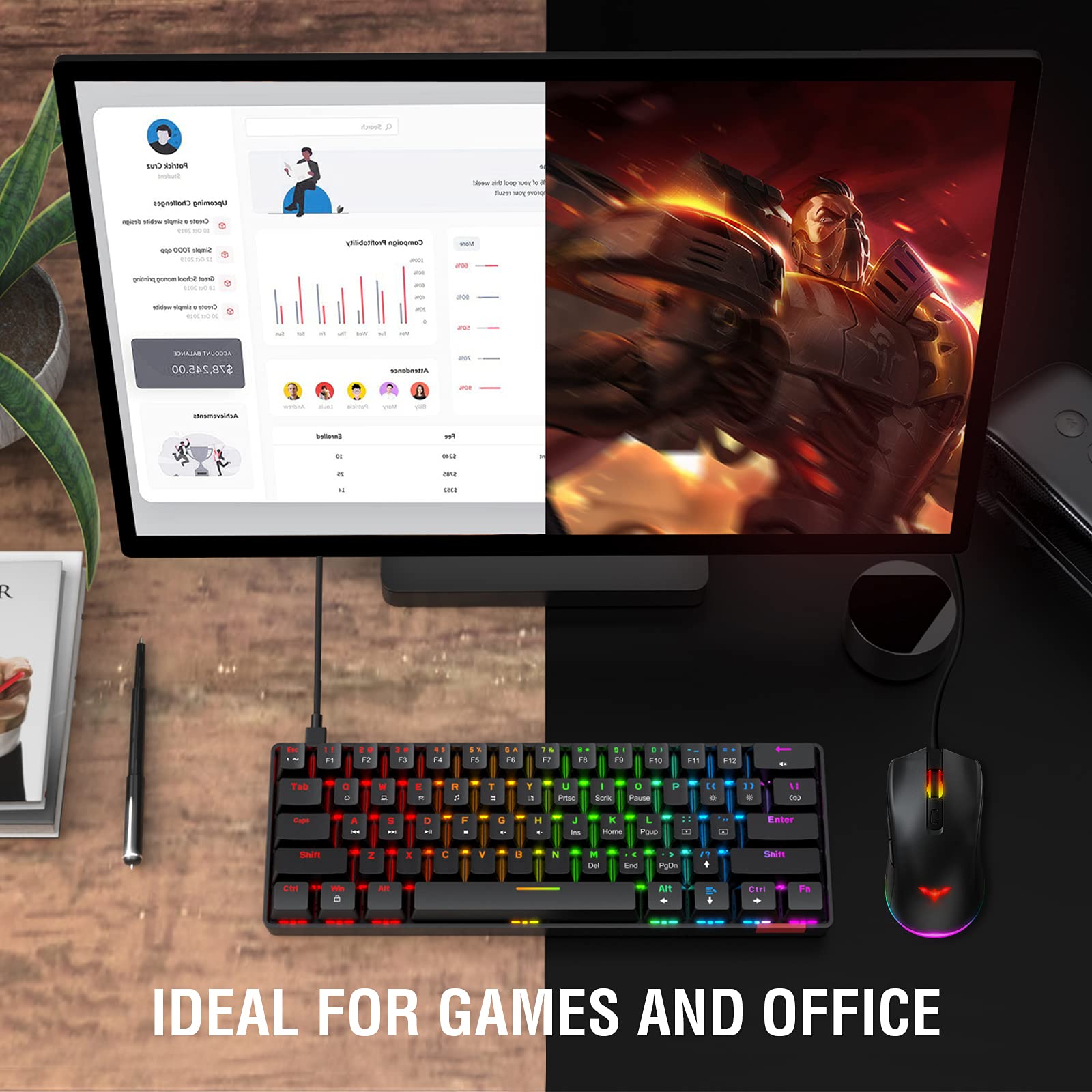 Havit 60% Mechanical Keyboard Mouse Combo, Wired 61 Keys Gaming Keyboard LED Backlit Compact Keyboard with Red Switches & 4800 DPI Programmable Gaming Mouse for Windows PC Laptop Gamers