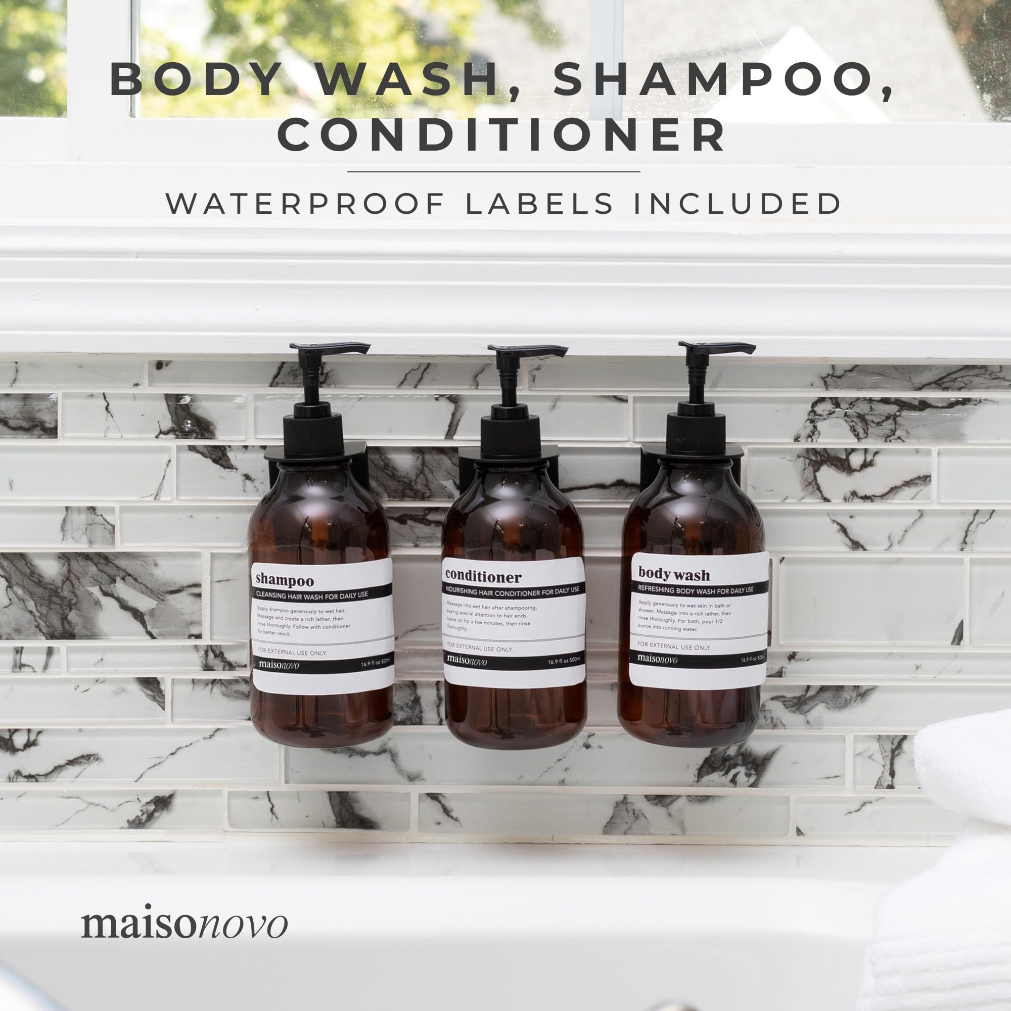 MaisoNovo Shampoo and Conditioner Dispenser - Shower Soap Dispenser Wall Mounted - 16.9 fl oz Set of 3 Amber Plastic Bottles Black Pump - 3 Chamber No Drill