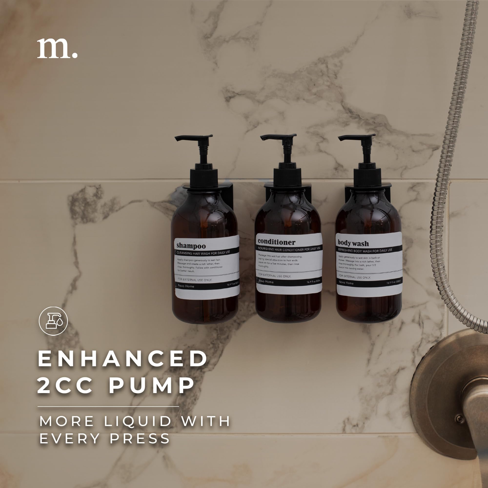 MaisoNovo Shampoo and Conditioner Dispenser - Shower Soap Dispenser Wall Mounted - 16.9 fl oz Set of 3 Amber Plastic Bottles Black Pump - 3 Chamber No Drill