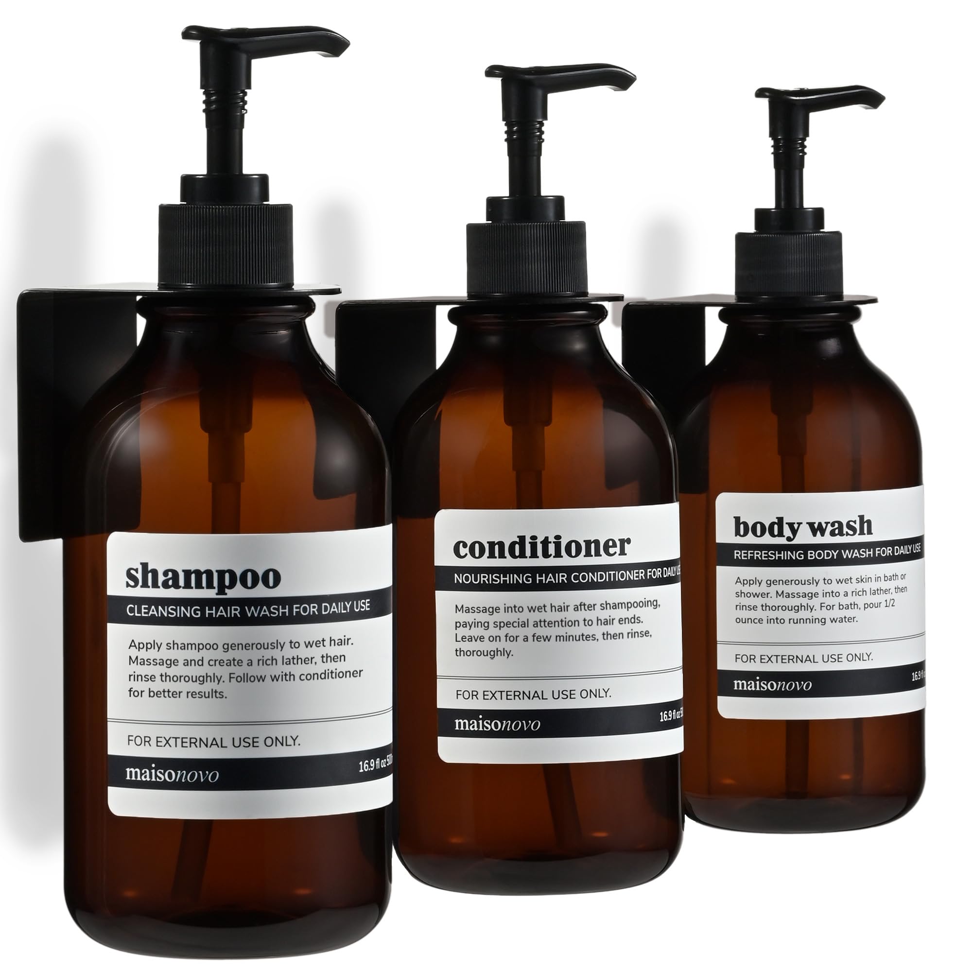 MaisoNovo Shampoo and Conditioner Dispenser - Shower Soap Dispenser Wall Mounted - 16.9 fl oz Set of 3 Amber Plastic Bottles Black Pump - 3 Chamber No Drill